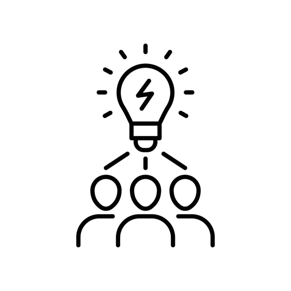 thin line insight icon with group of people and black bulb. outline ...