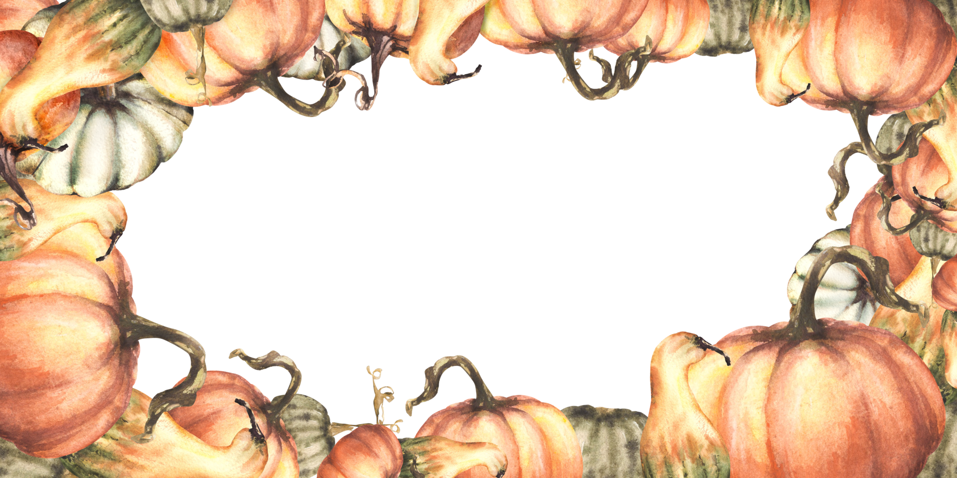 Fall pumpkins frame Autumn vegetables harvest. Watercolor illustration ...