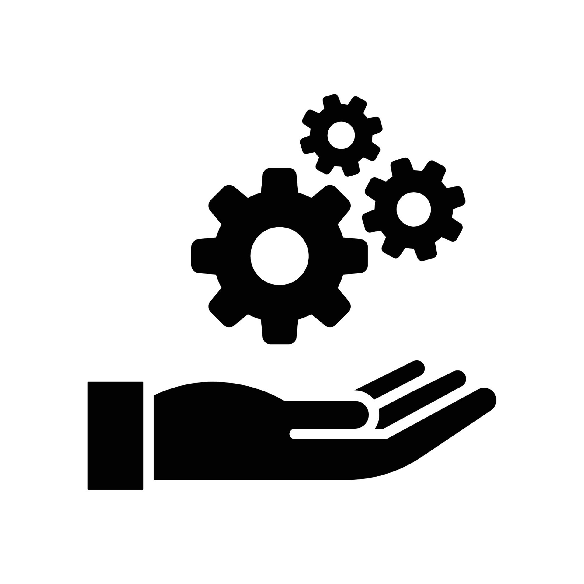 Installation and support glyph icon. Gears in hand for repair service process setting. Engineer ...