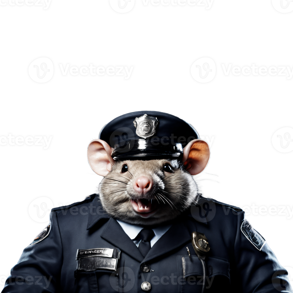 Portrait Of Humanoid Anthropomorphic Greedy Fat Rat Wearing Police Officer Suit With Evil Smirk