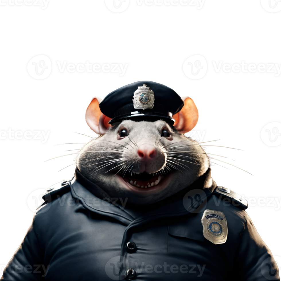Portrait Of Humanoid Anthropomorphic Greedy Fat Rat Wearing Police Officer Suit With Evil Smirk