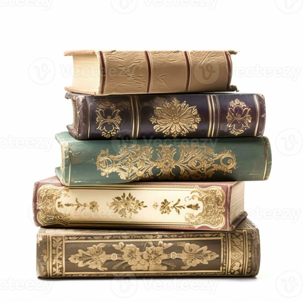Stack Of Antique Vintage Old Books Isolated On White Background Reading In Old Library And