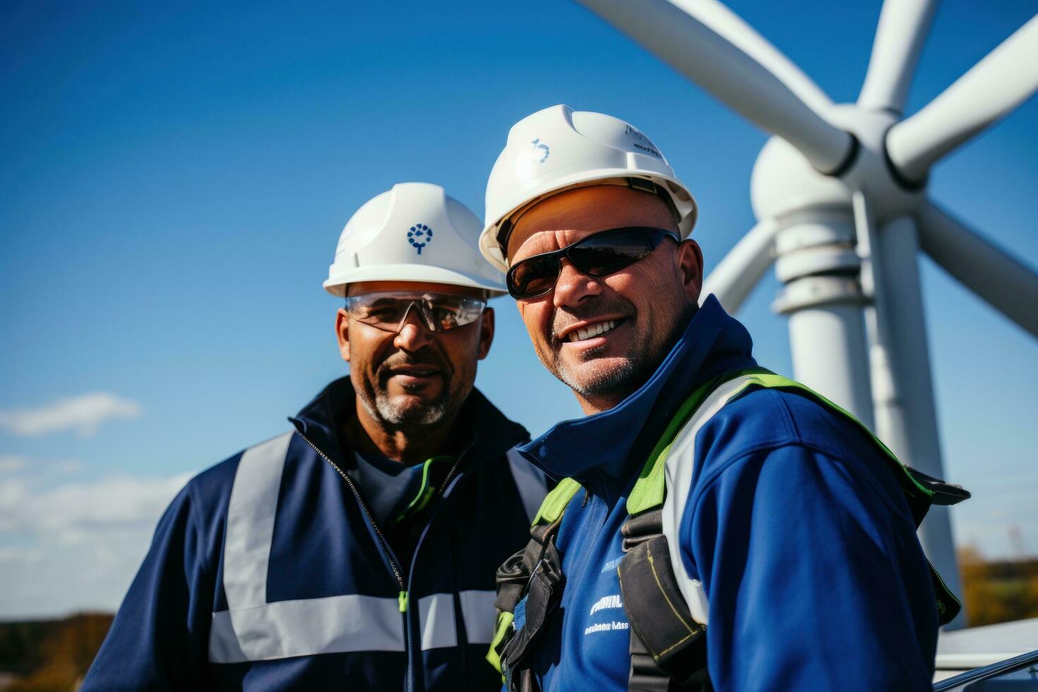 Construction workers standing in front of wind turbines 29213415 Stock ...