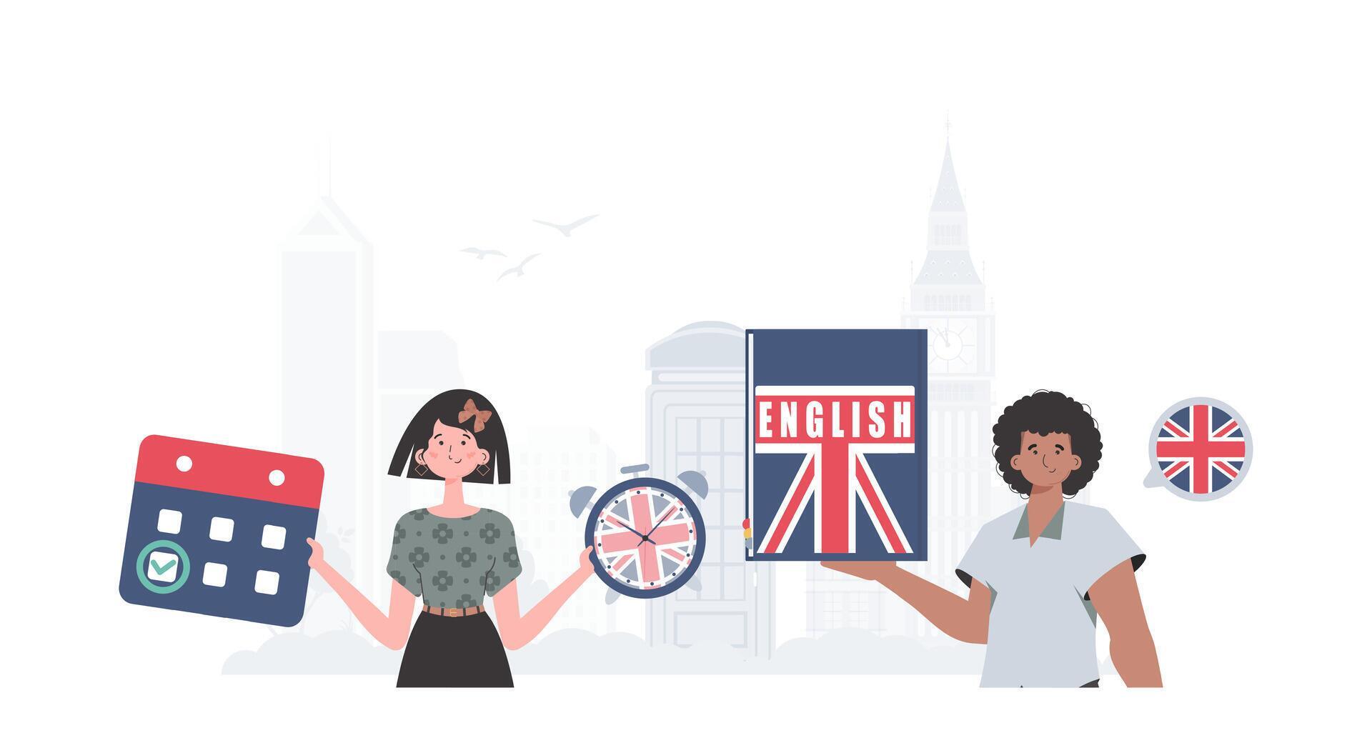 English language team. The concept of teaching English. Trendy flat ...