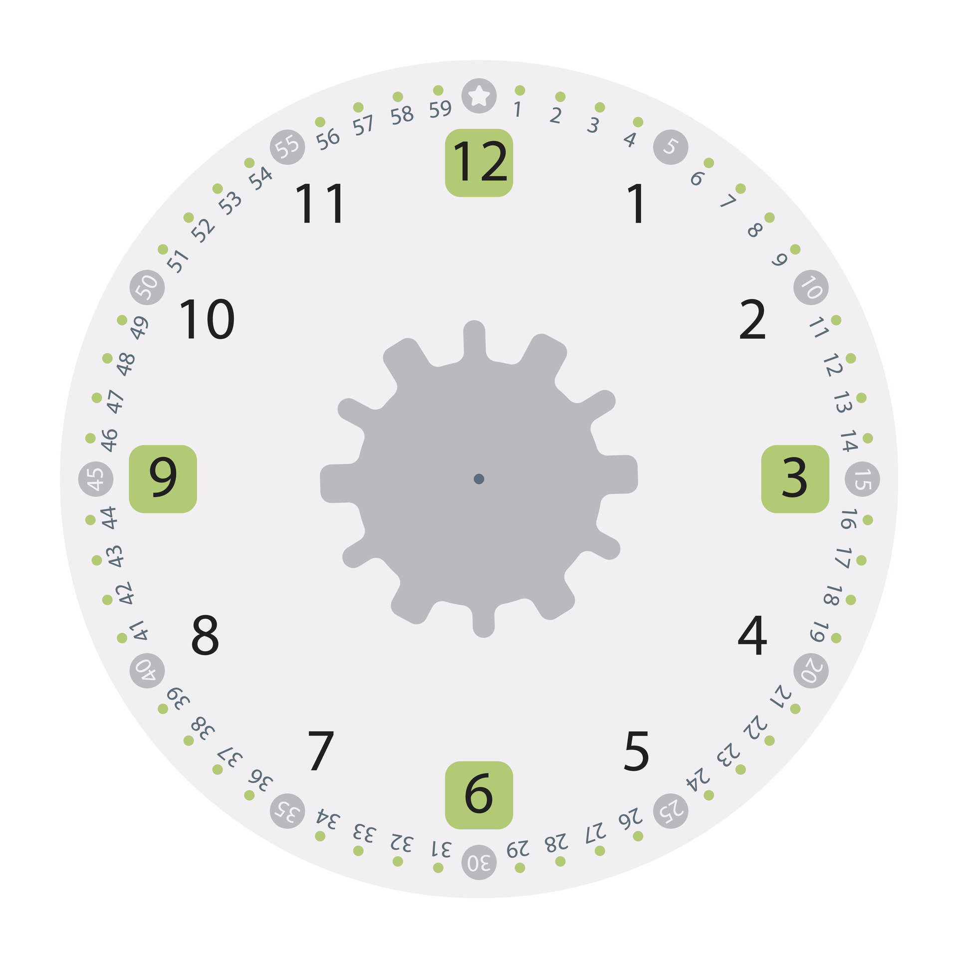 12 Hours Clock Face with modern design in light grey and green colours isolated on white ...