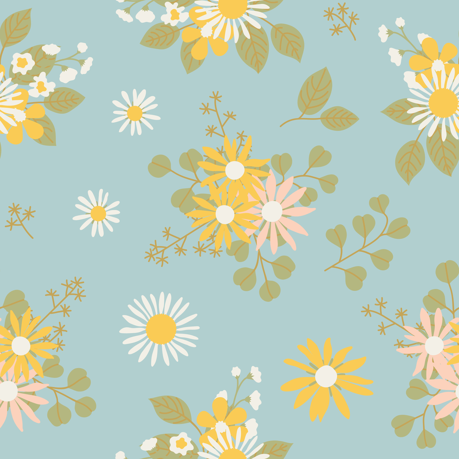 Cute seamless light blue pattern with wild flowers in flat style ...