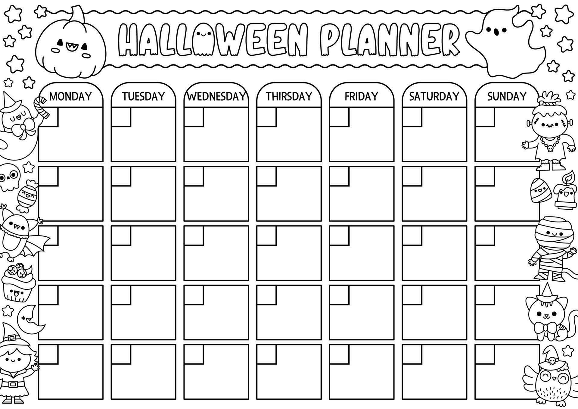 Vector black and white Halloween monthly planner with traditional ...