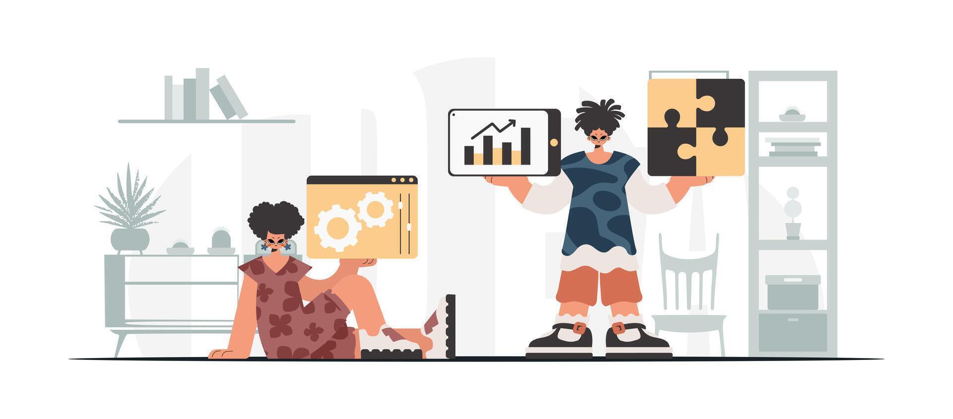 Two People Are Sitting In Front Of A Computer Screen 29242341 Vector
