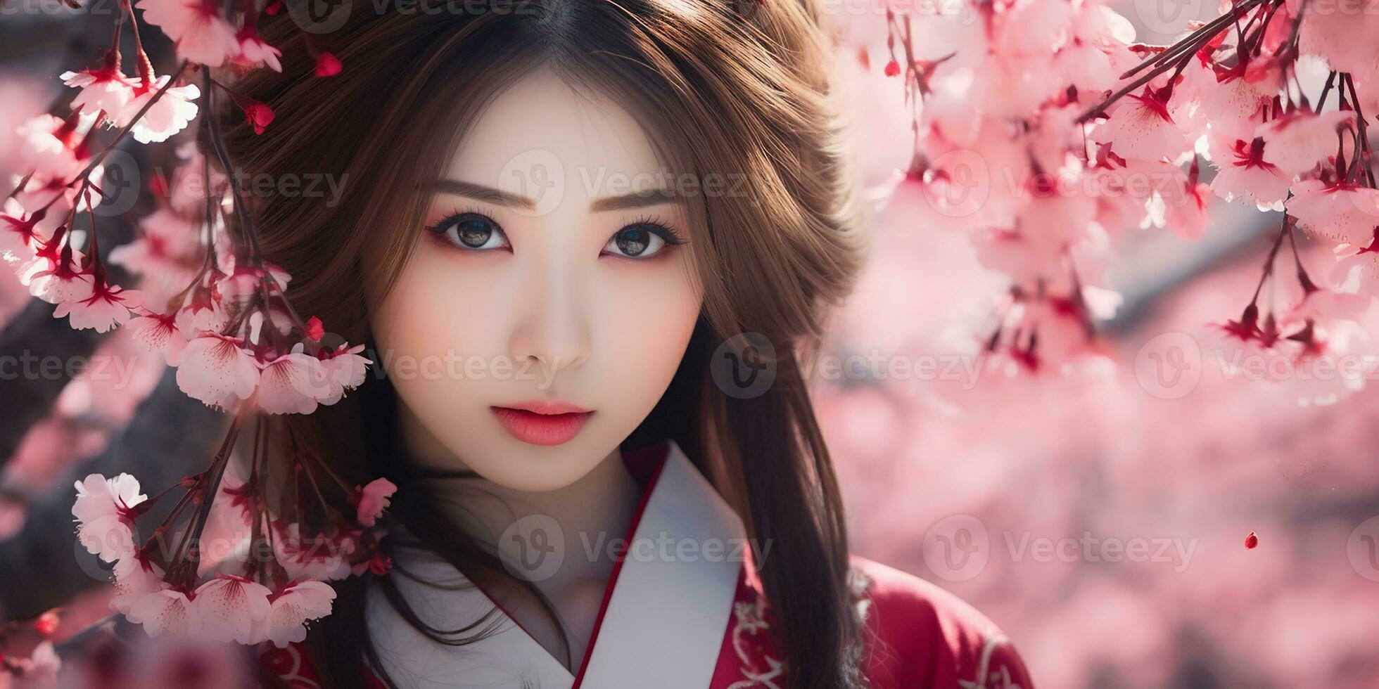 photorealistic image of a beautiful Japanese girl among cherry blossoms. cosmetics advertising ...
