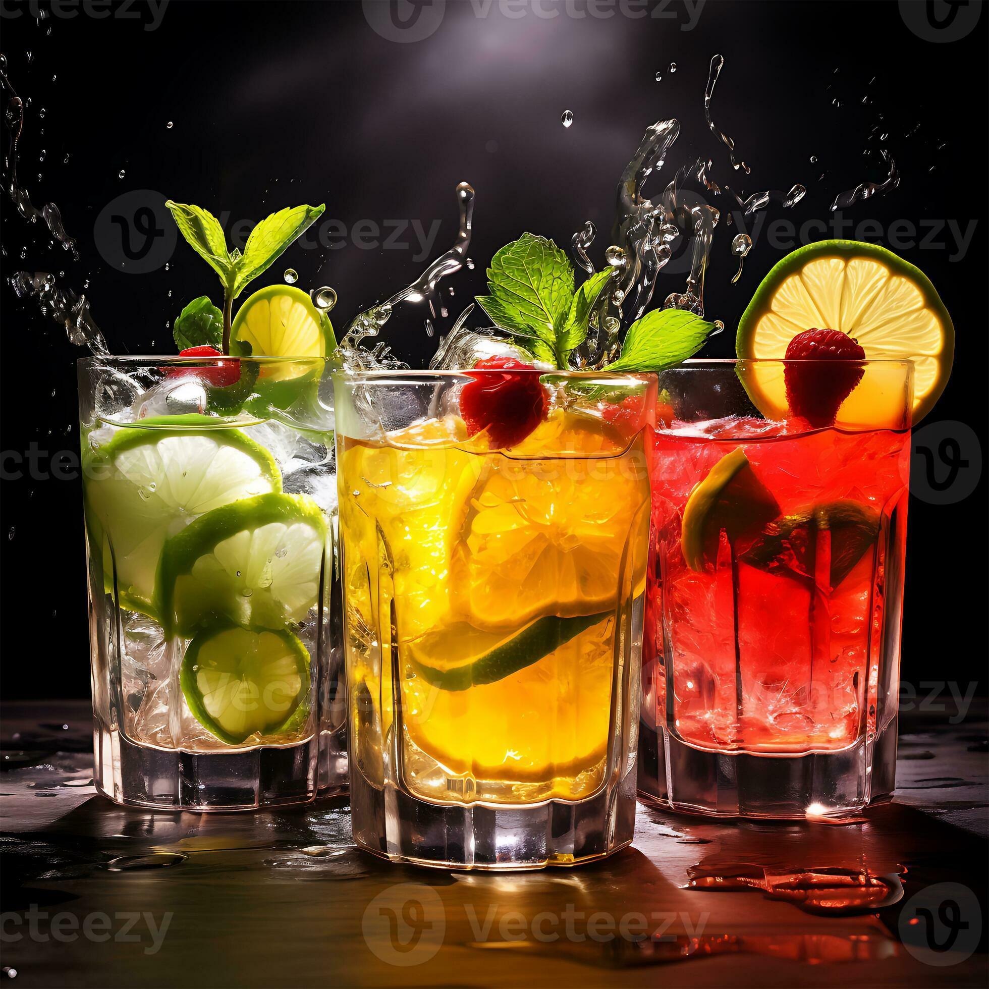 Fresh drink cocktails with colorful ice lemon lime and fruits 29253146 Stock Photo at Vecteezy