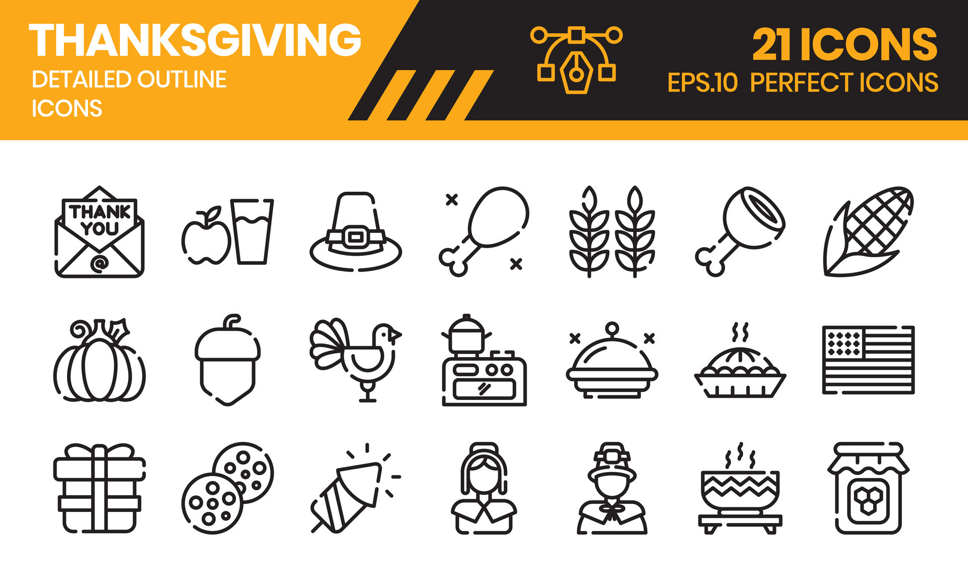Thanksgiving outline icons set. The element collection includes be used ...