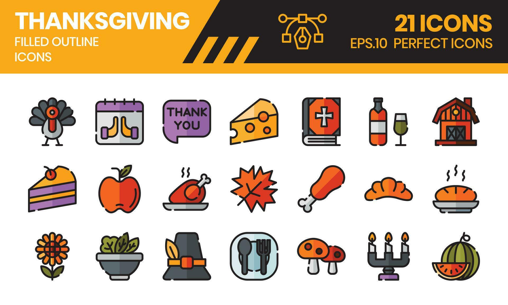 Thanksgiving filled outline icons set. The element collection includes be used in social media ...