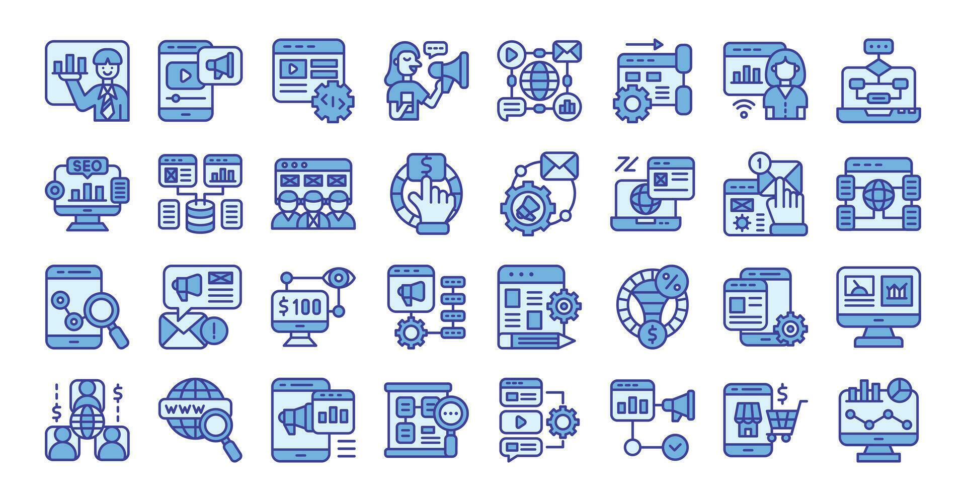 Online marketing blue colored outline icons set. The collection includes business and ...