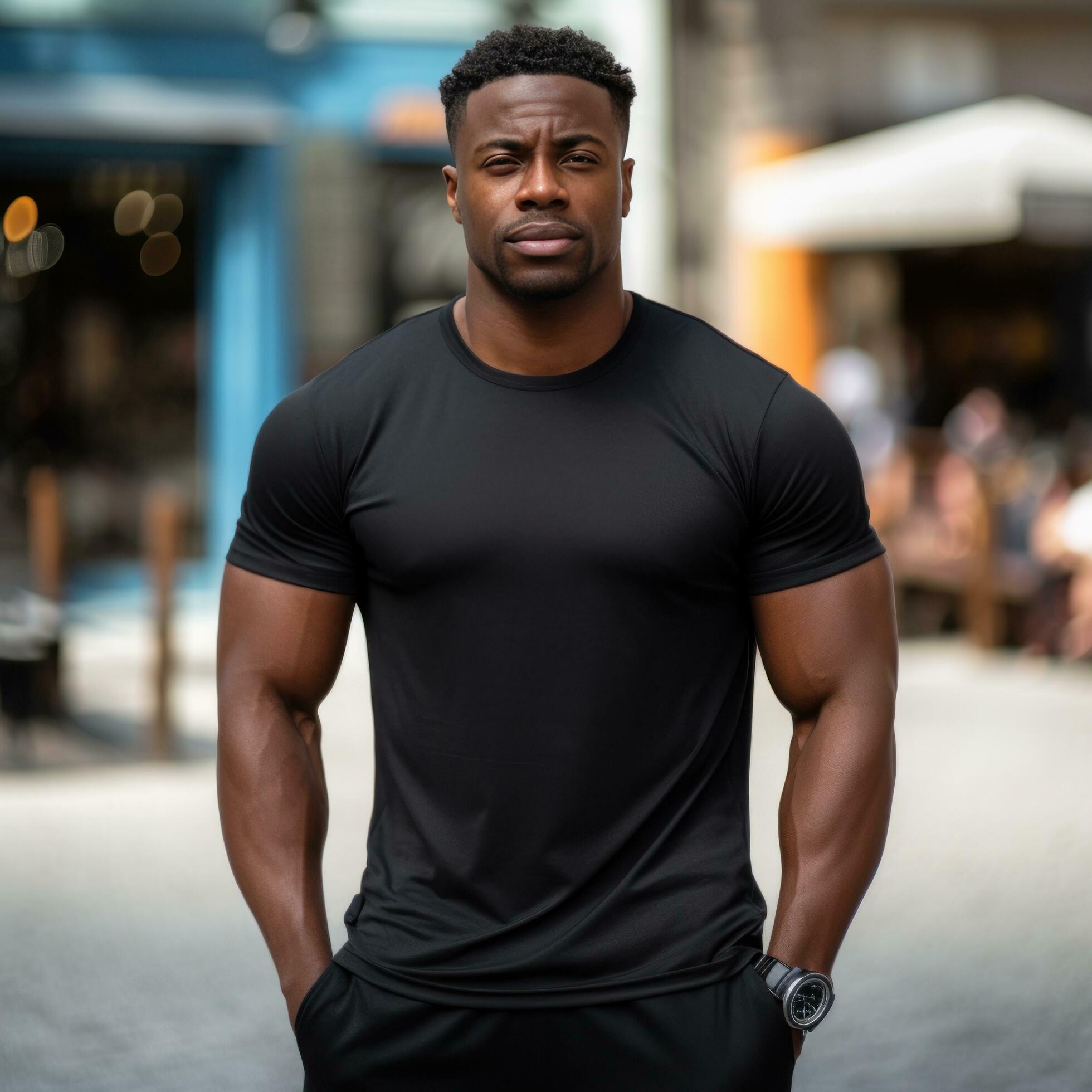 Man in black t-shirt mockup posing in the street 29255087 Stock Photo ...