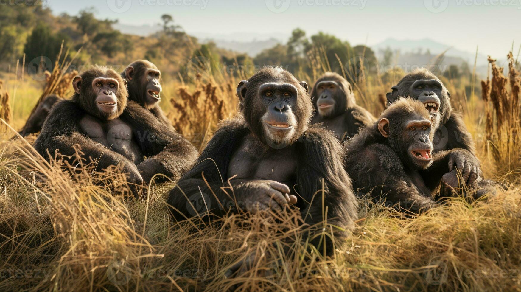 Photo of a herd of Chimpanzee resting in an open area on the Savanna ...