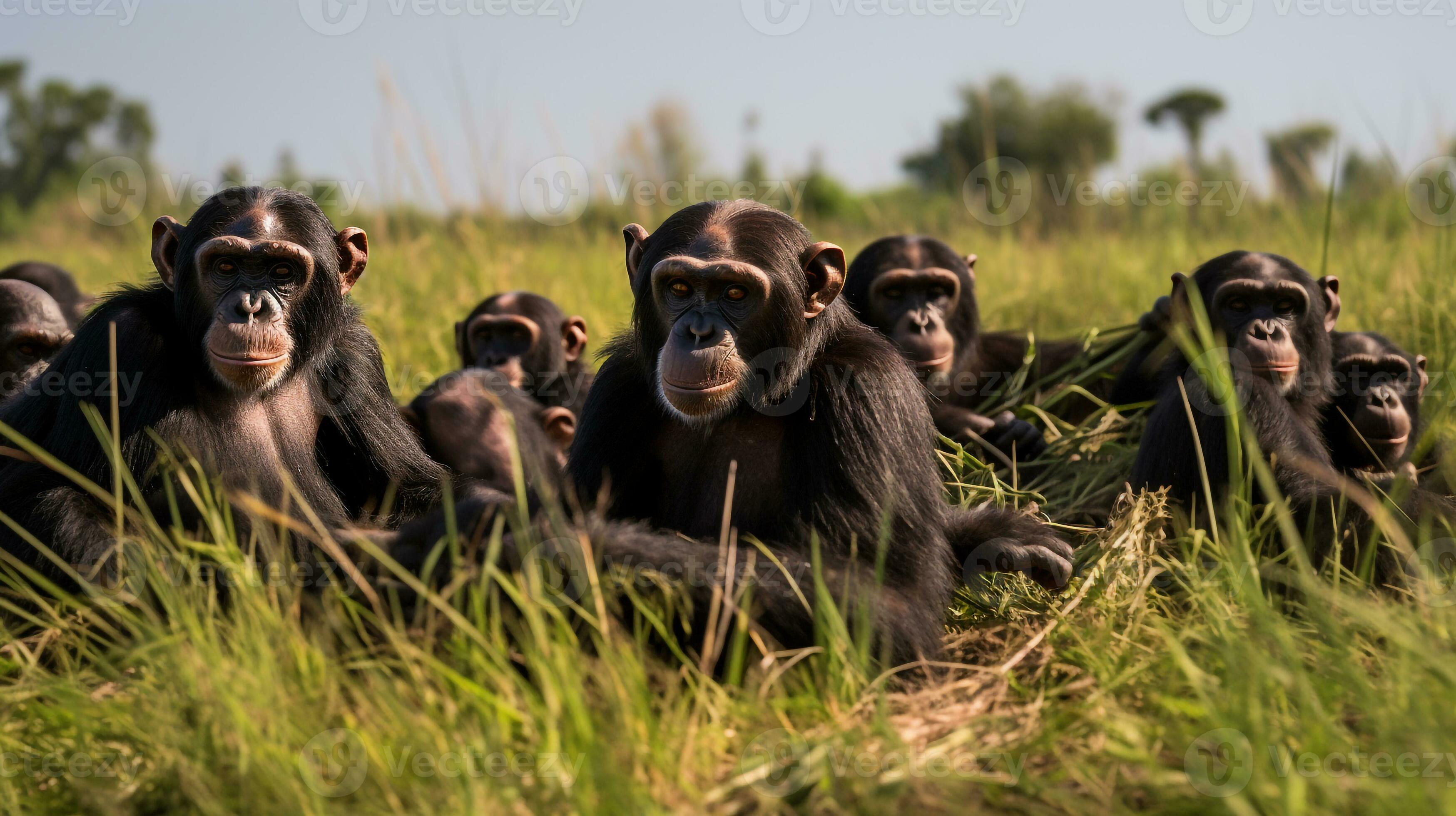 Photo of a herd of Chimpanzee resting in an open area on the Savanna ...