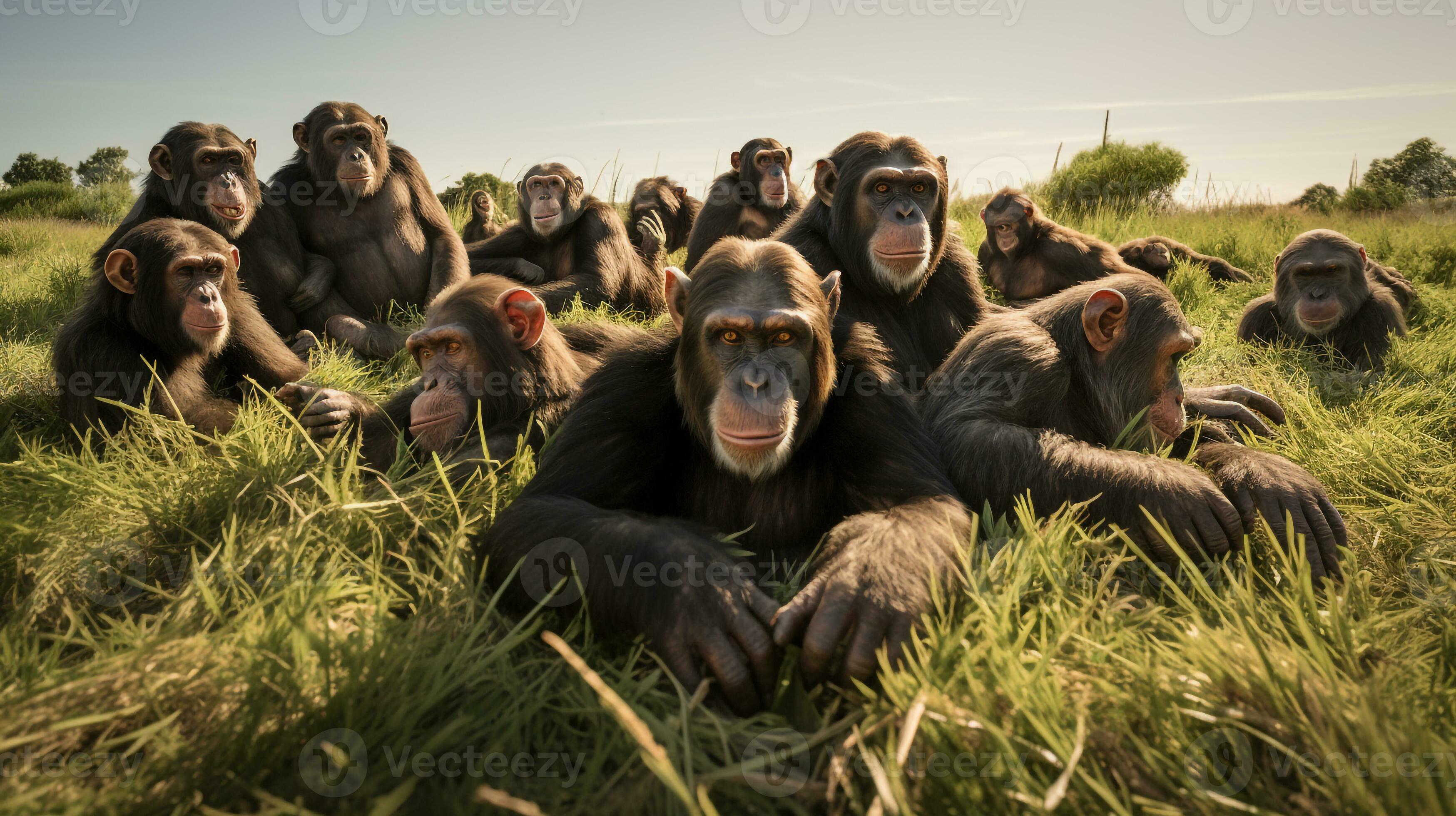 Photo of a herd of Chimpanzee resting in an open area on the Savanna ...