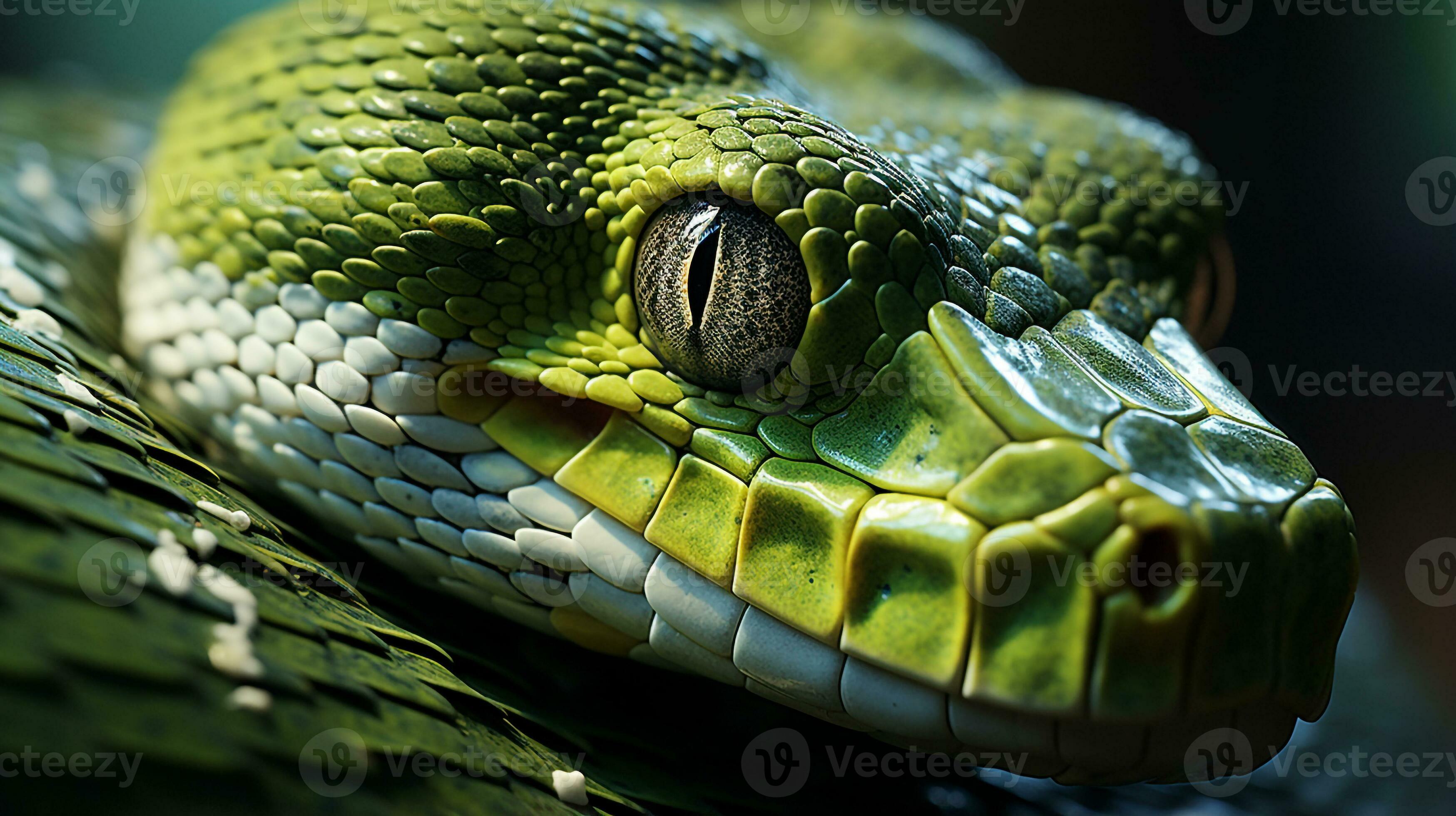 Close-up photo of a Green Tree Python looking in their habitat ...