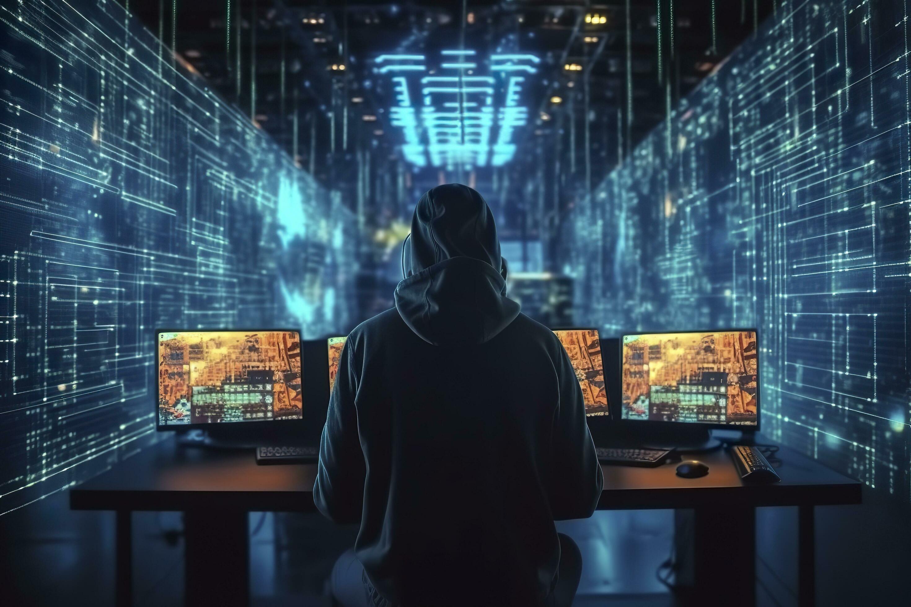 Back of anonymous robot hacker. Concept of hacking cybersecurity, cybercrime, cyberattack, etc ...