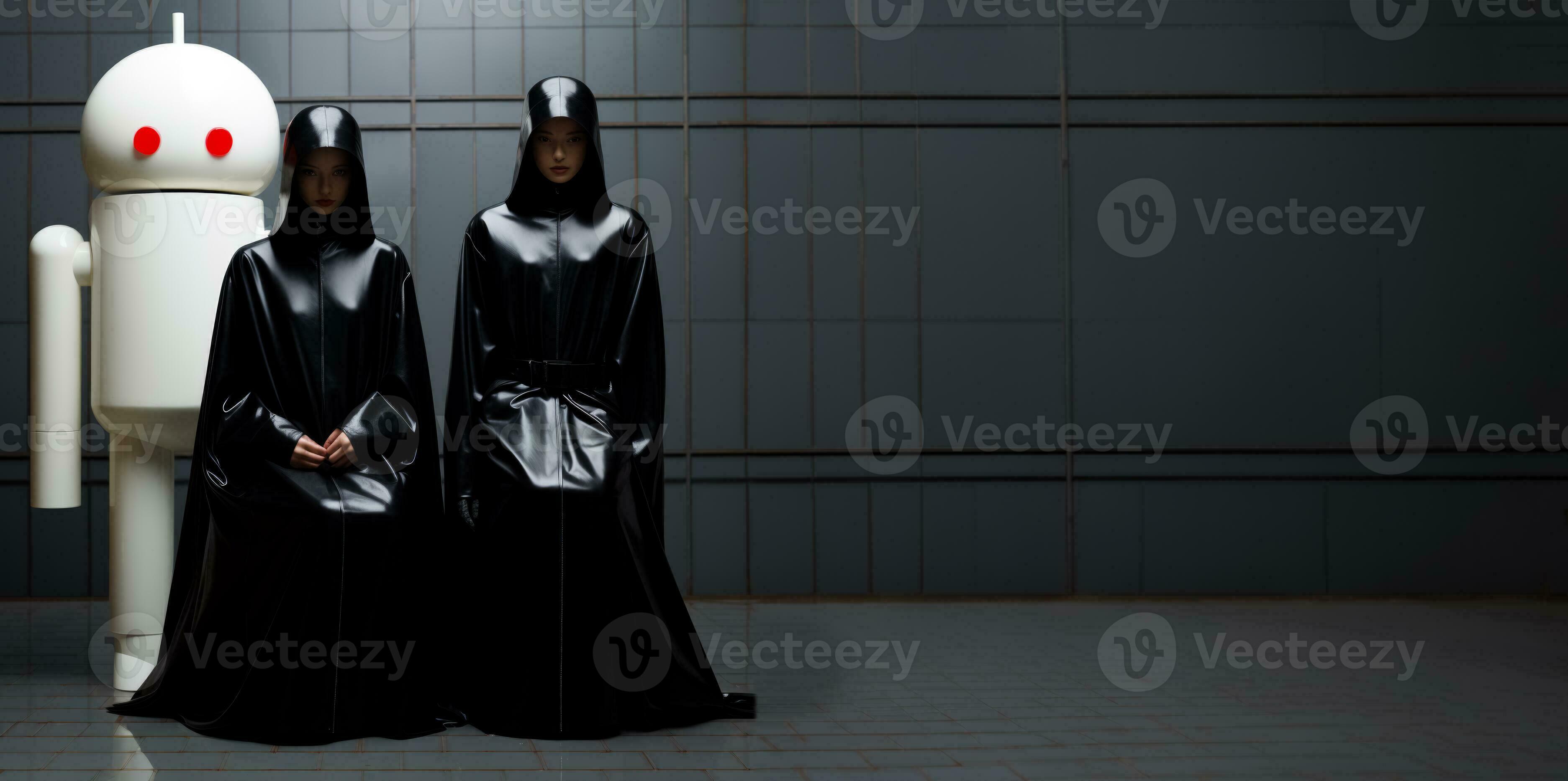 Android models pose in minimalistic glossy attire against starkly ...