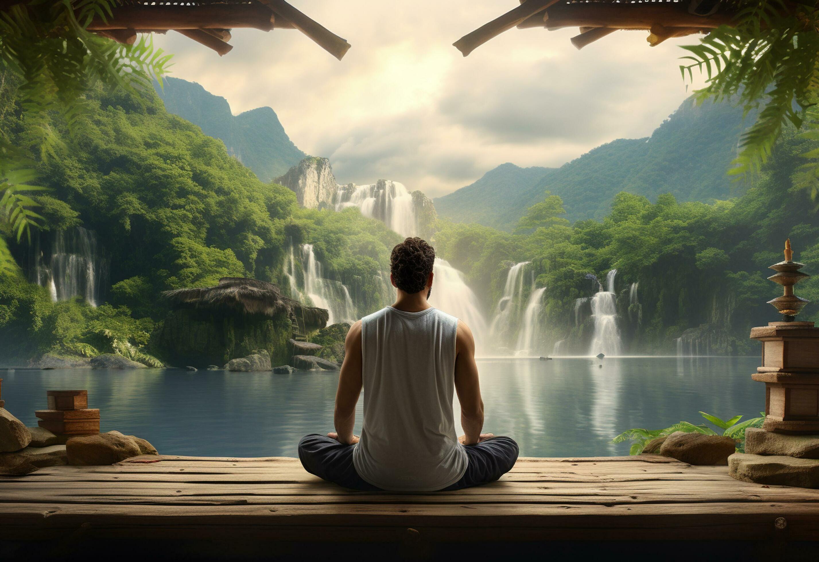 ai generative photo of a man practicing mindfulness and meditation in a peaceful natural ...
