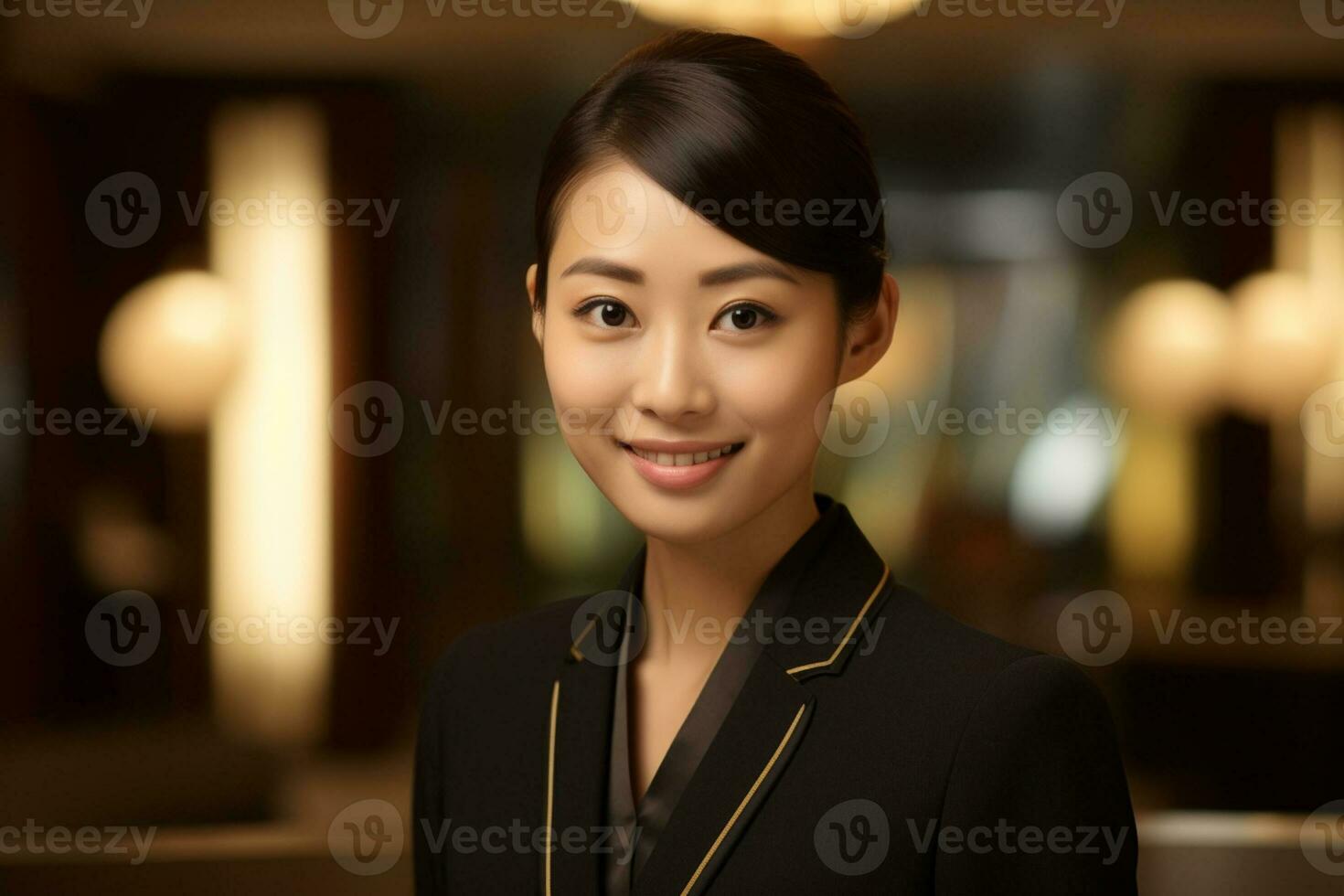 Beautiful Asian Female Hotel Receptionist Standing In Front Of The