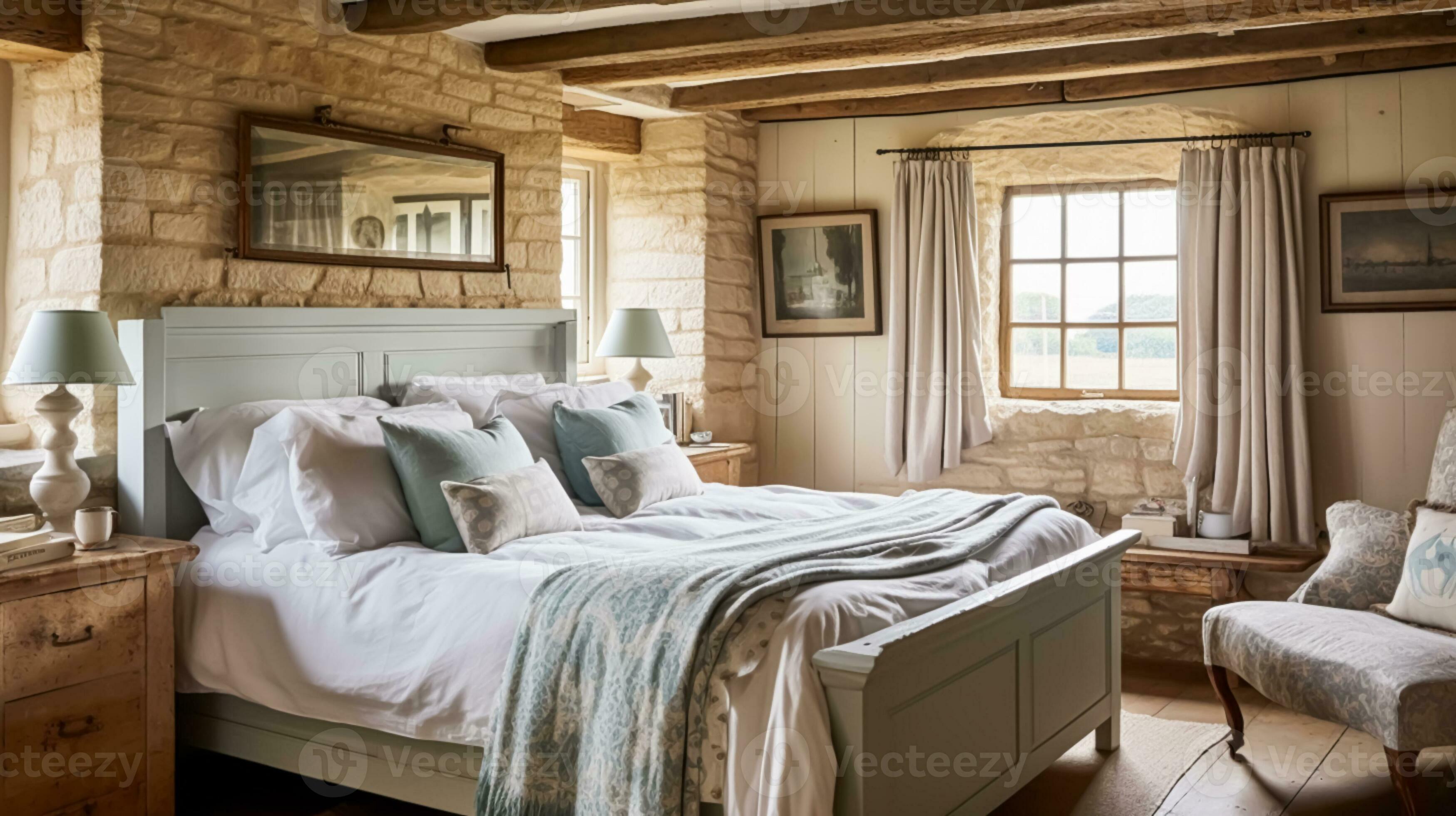 Antique cottage bedroom decor, interior design and holiday rental, bed ...