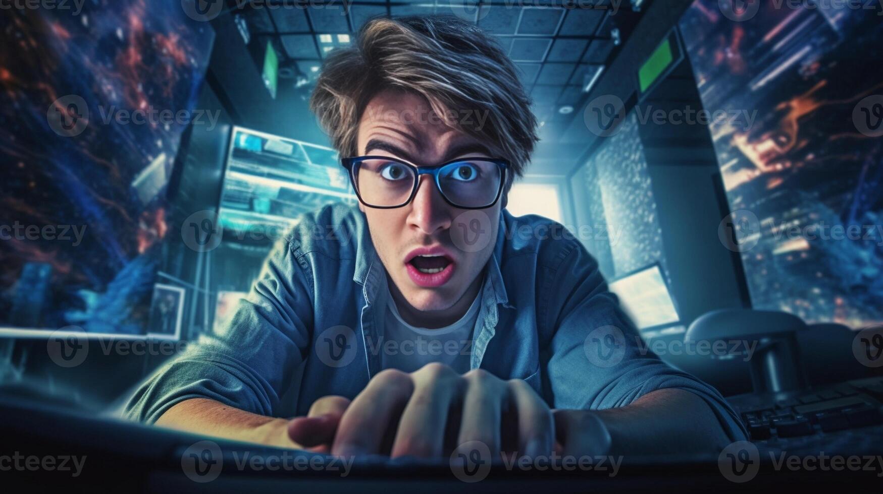 Shocking discovery Shocked young nerd man in glasses looking out of ...