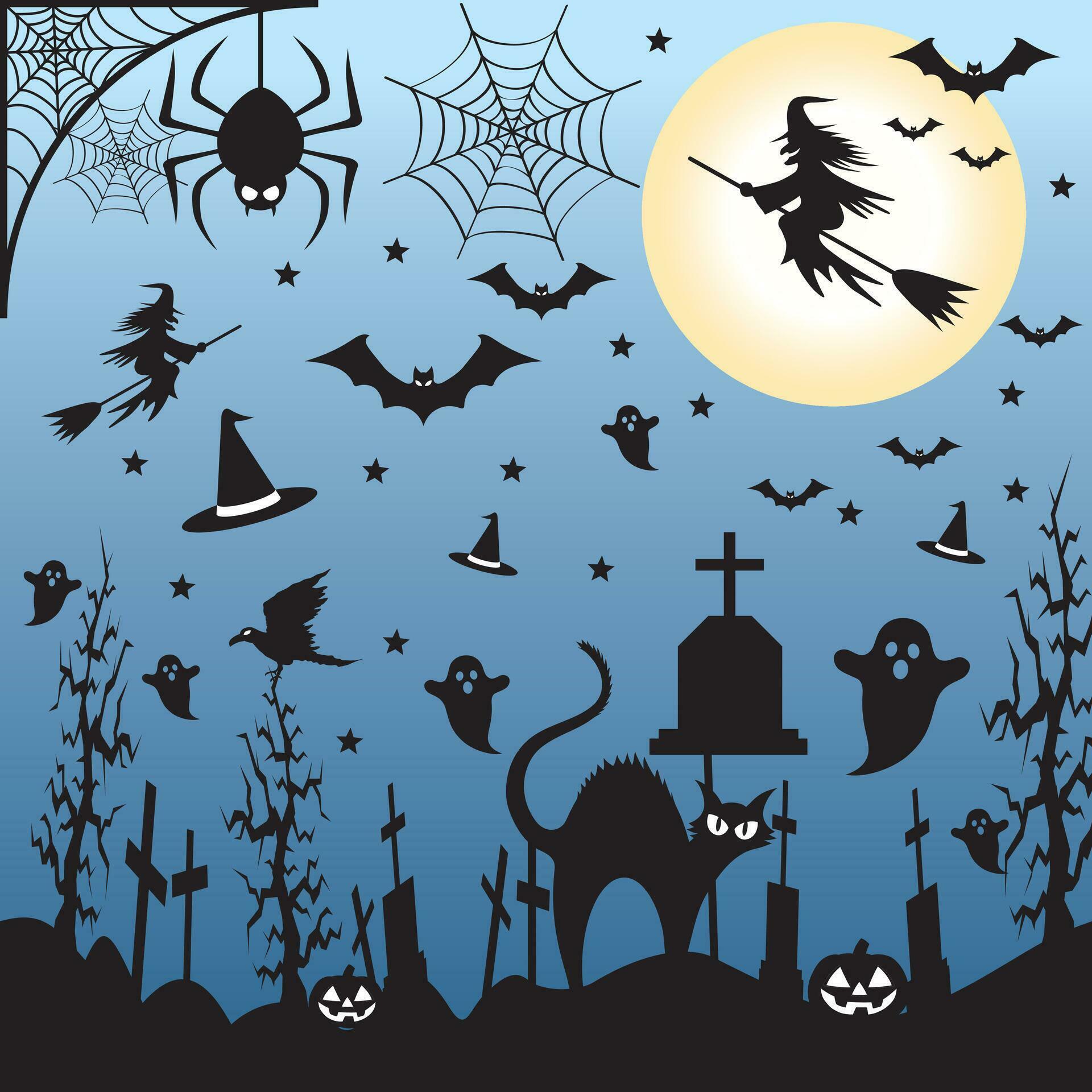 Halloween pattern background design with pumpkin, ghost, skull, spider ...