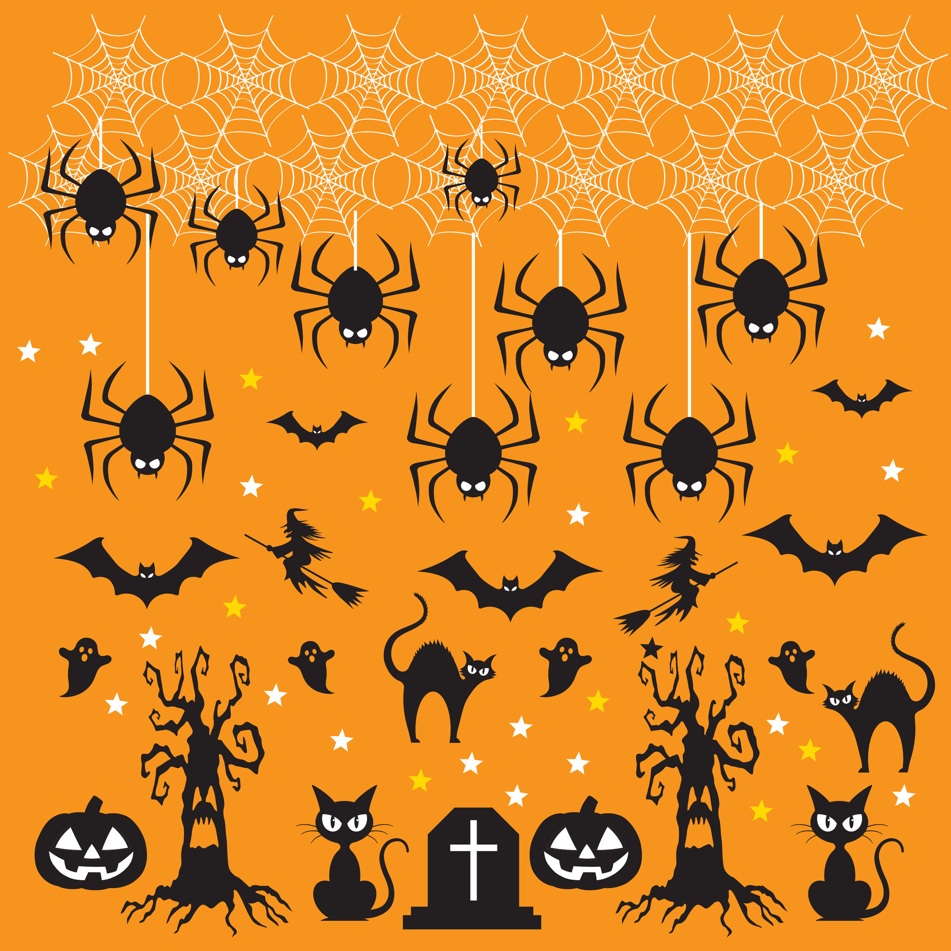 Halloween pattern background design with pumpkin, ghost, skull, spider ...