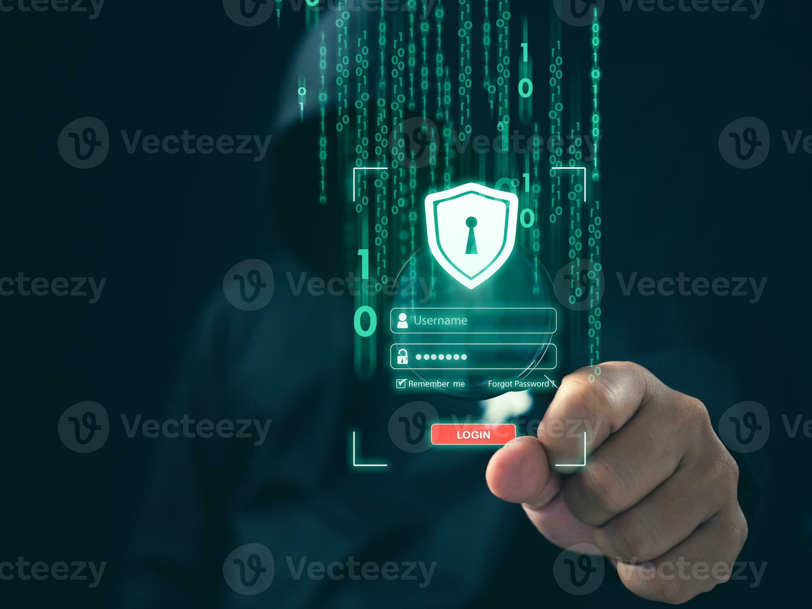 Hacker standing holding a magnifying glass with login screen On a dark ...