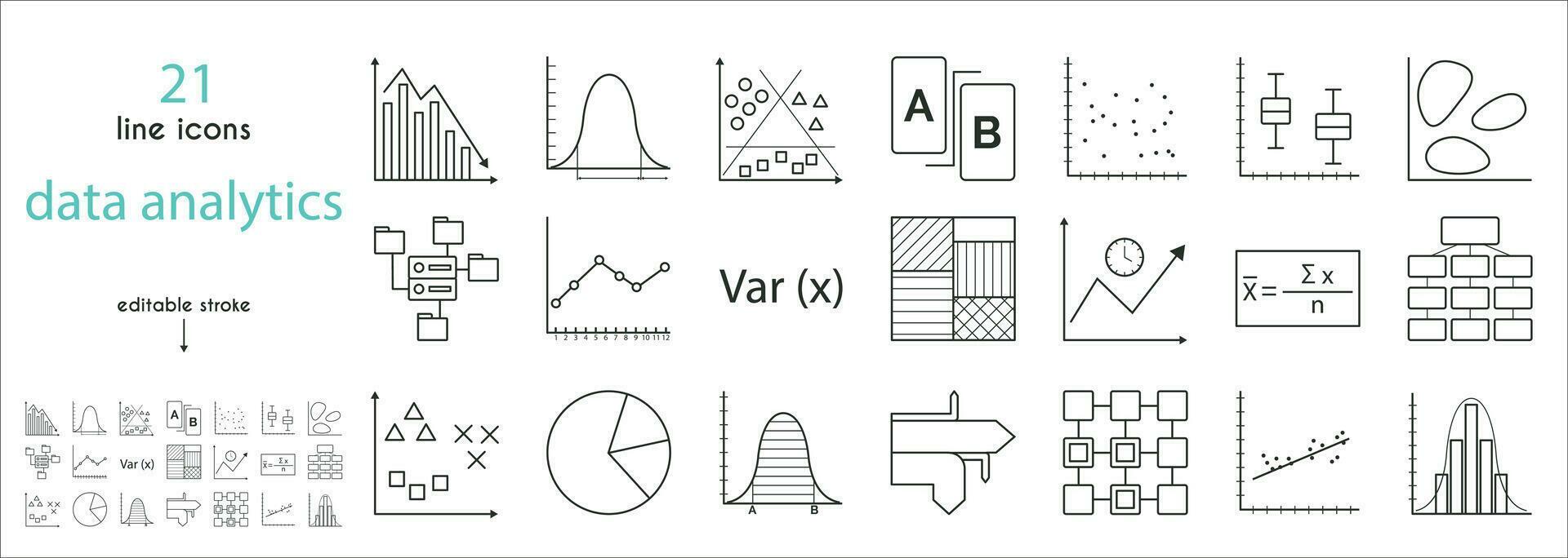 A set of data analytics icons. Linear regression, distribution density ...