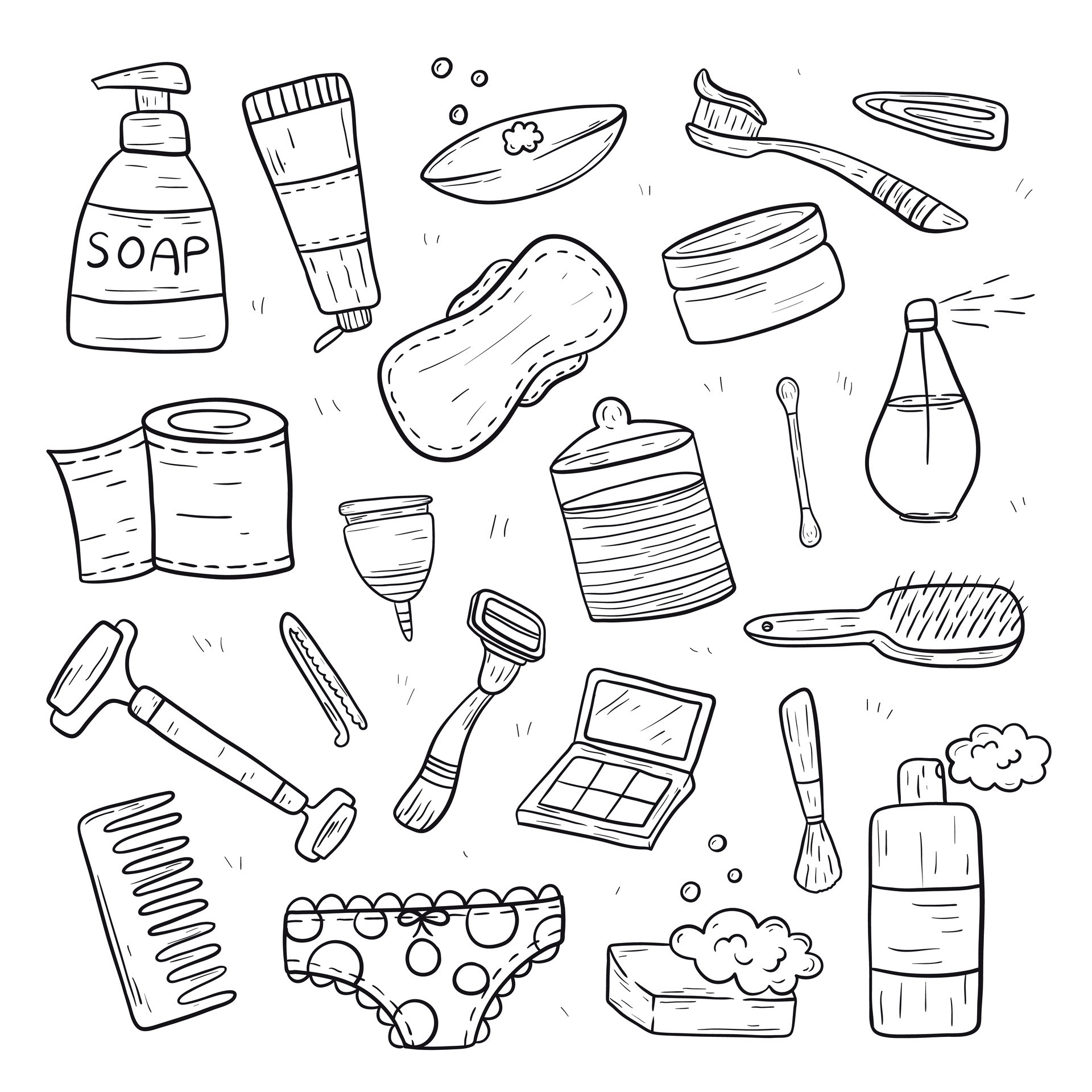 Set of vector doodle beauty icons. Personal accessories and hygiene ...