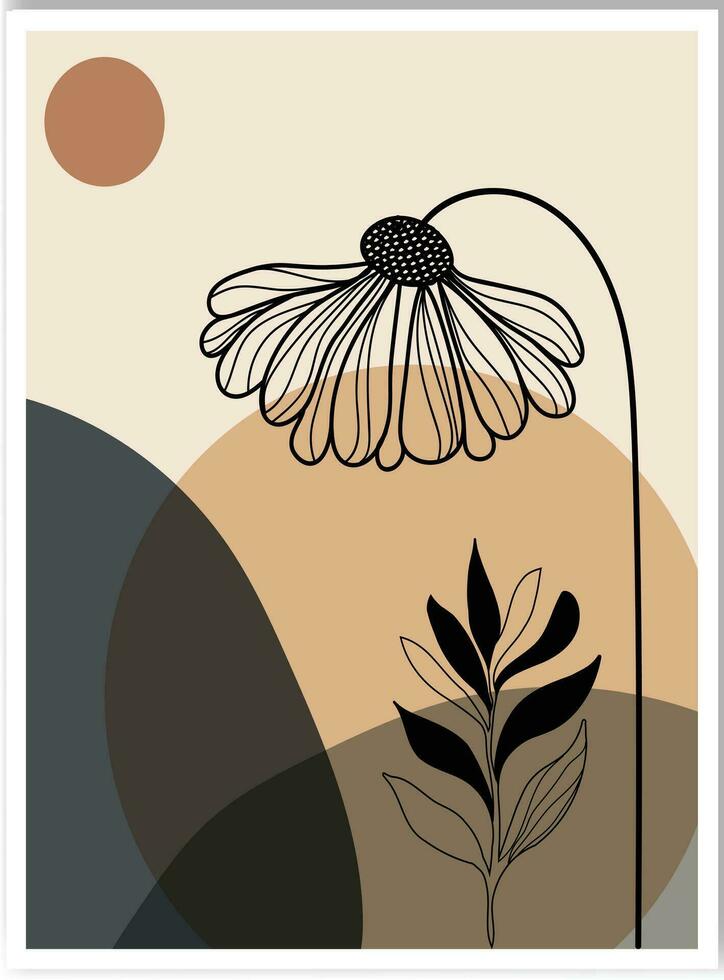 Botanical Earth Tone Boho Foliage Line Art Drawing With Abstract Shape