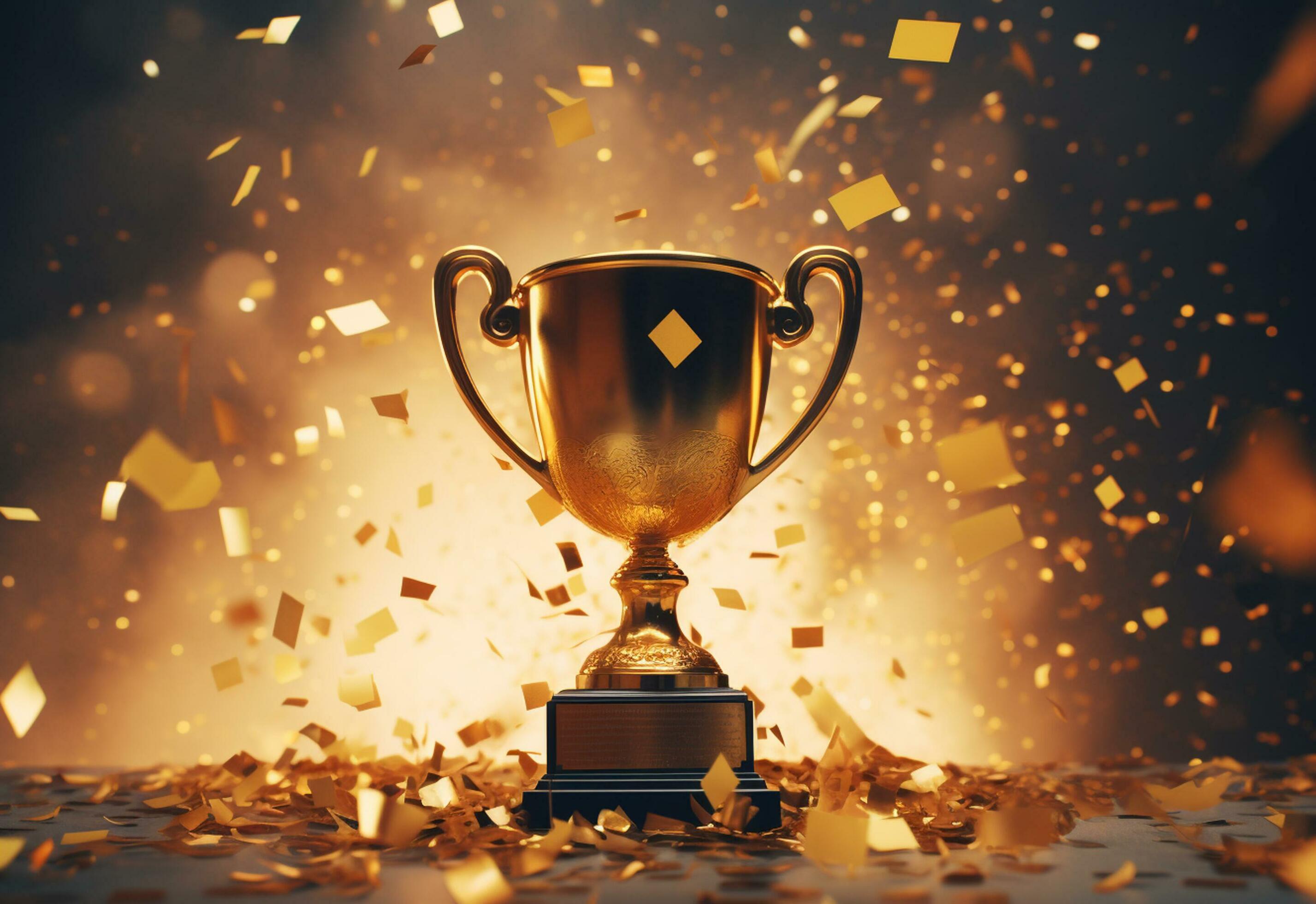 Ai generative Hand holding gold trophy cup with confetti. celebrating with trophy award for ...