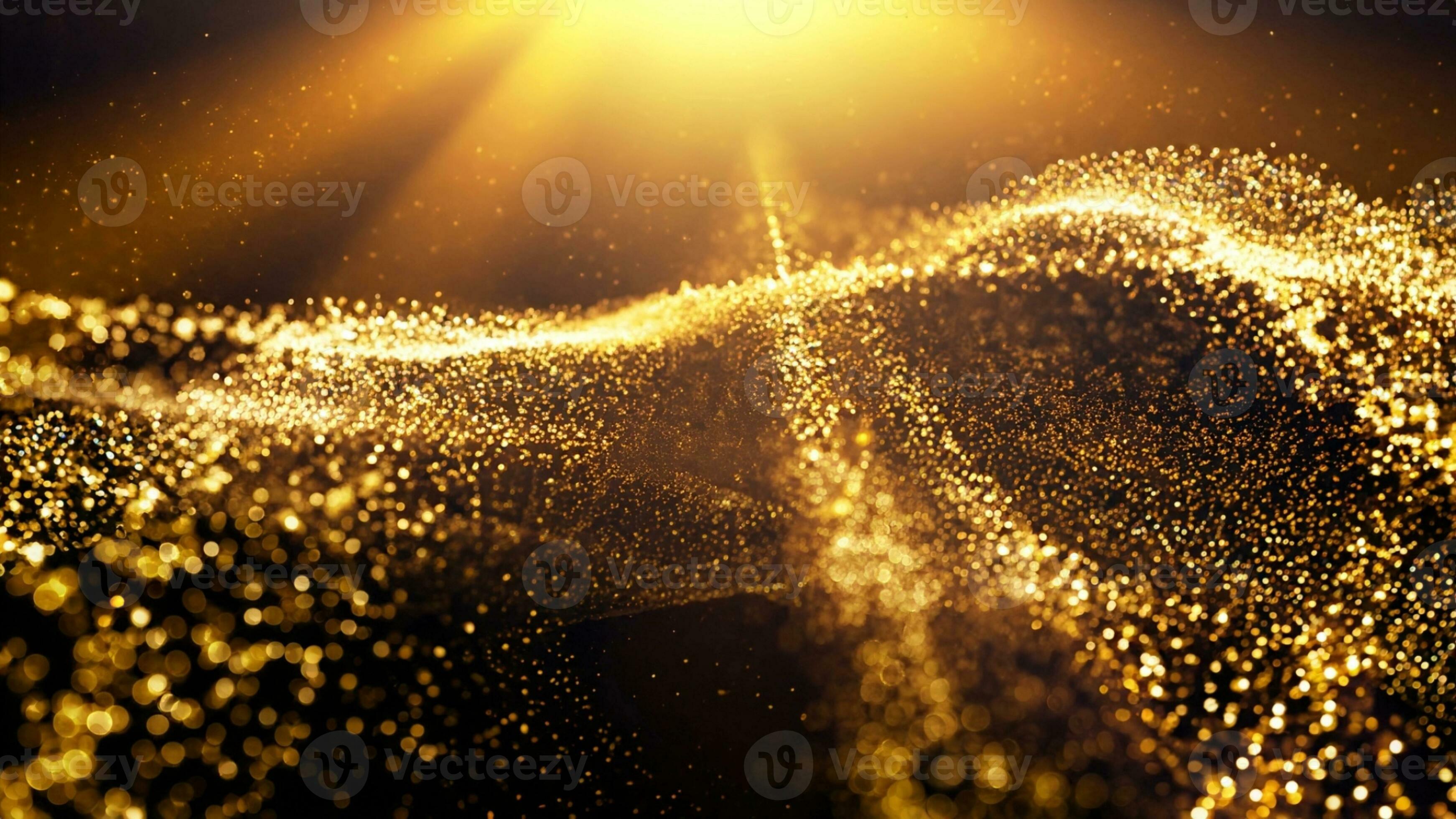 Digital Gold Particles Wave and light abstract background with shining floor particle stars dust ...