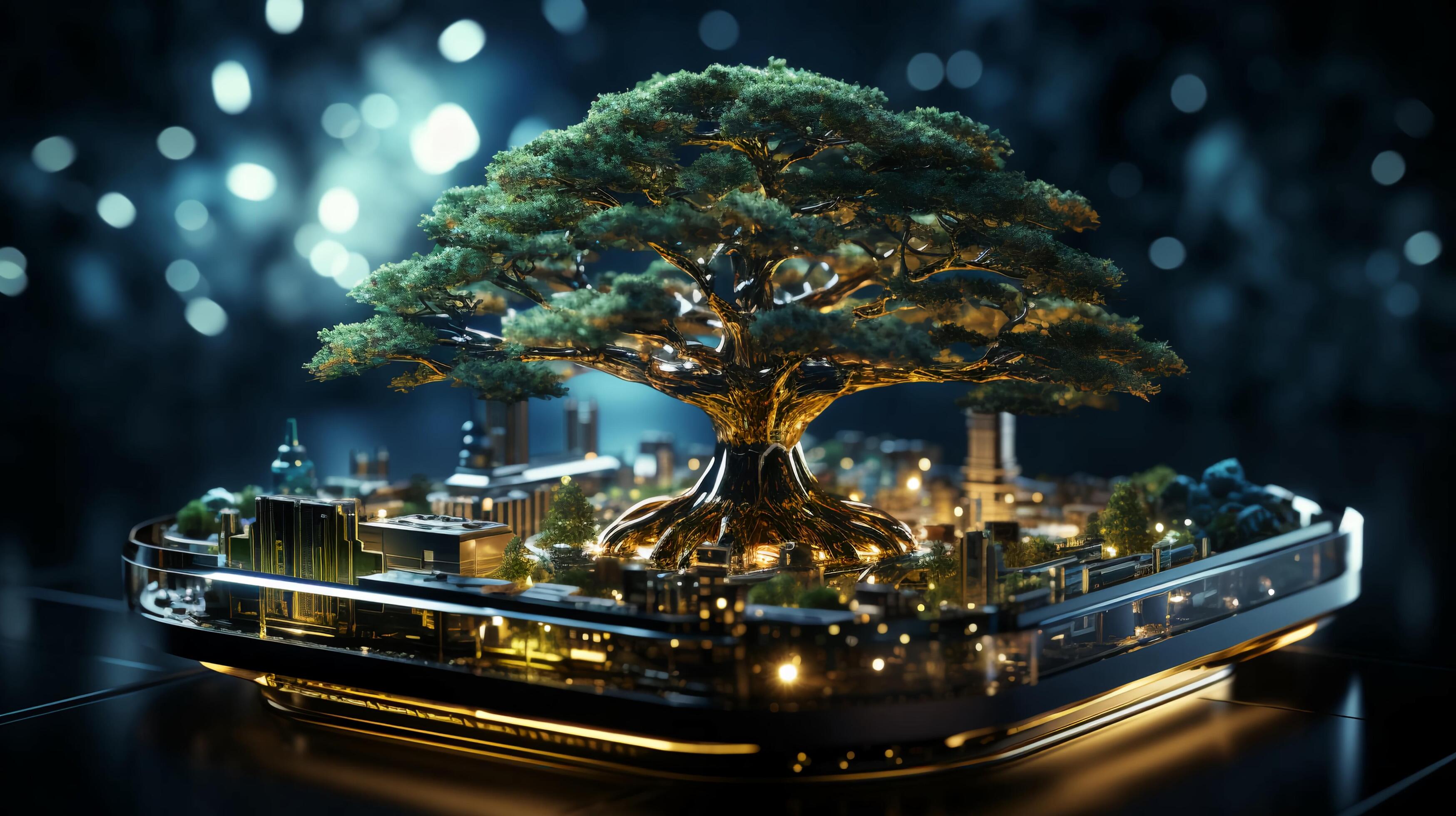 Green natural eco-friendly tree and computer technology on an abstract ...