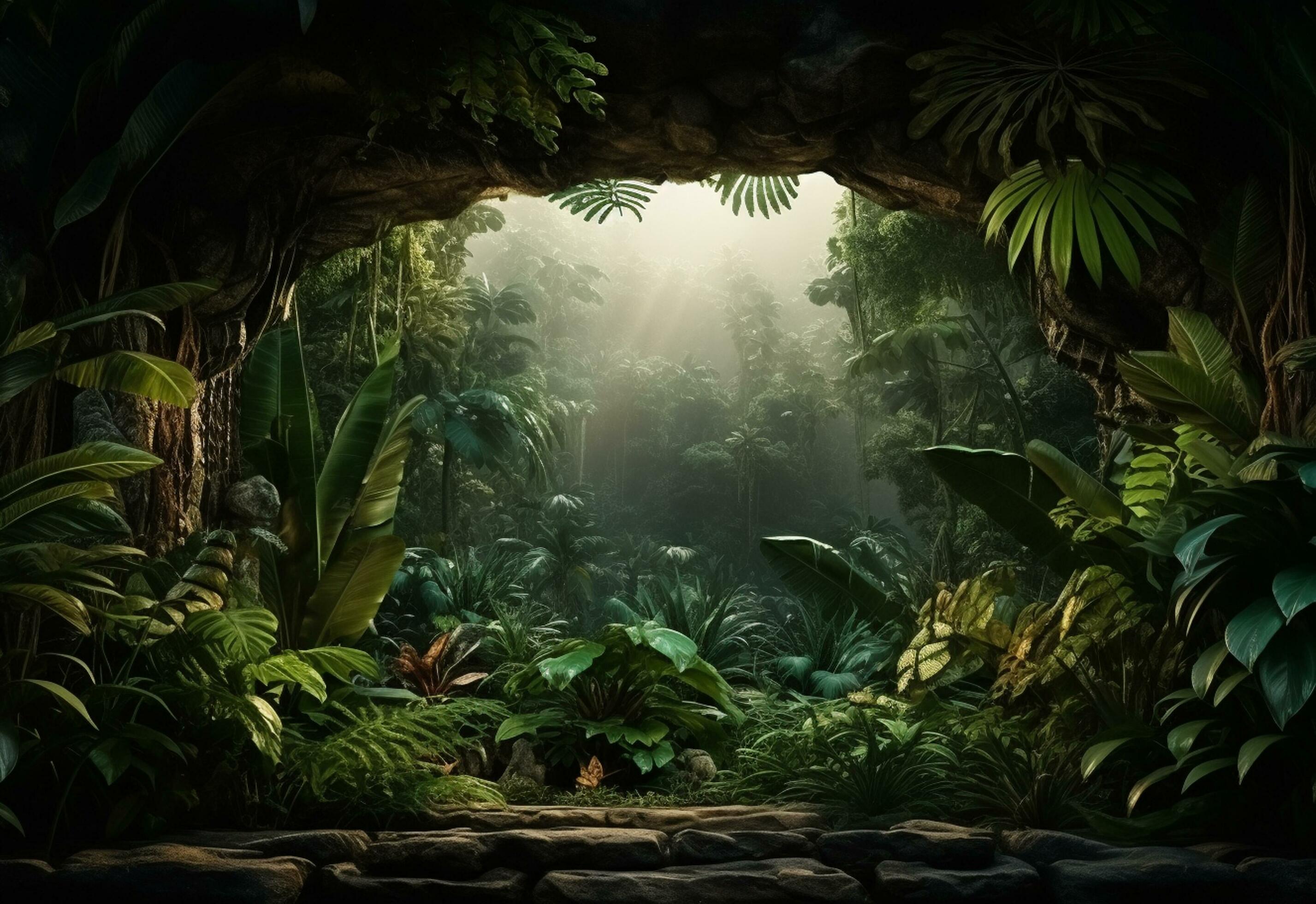 Ai Generative Beautiful jungle background with border made of tropical leaves backdrop with copy ...