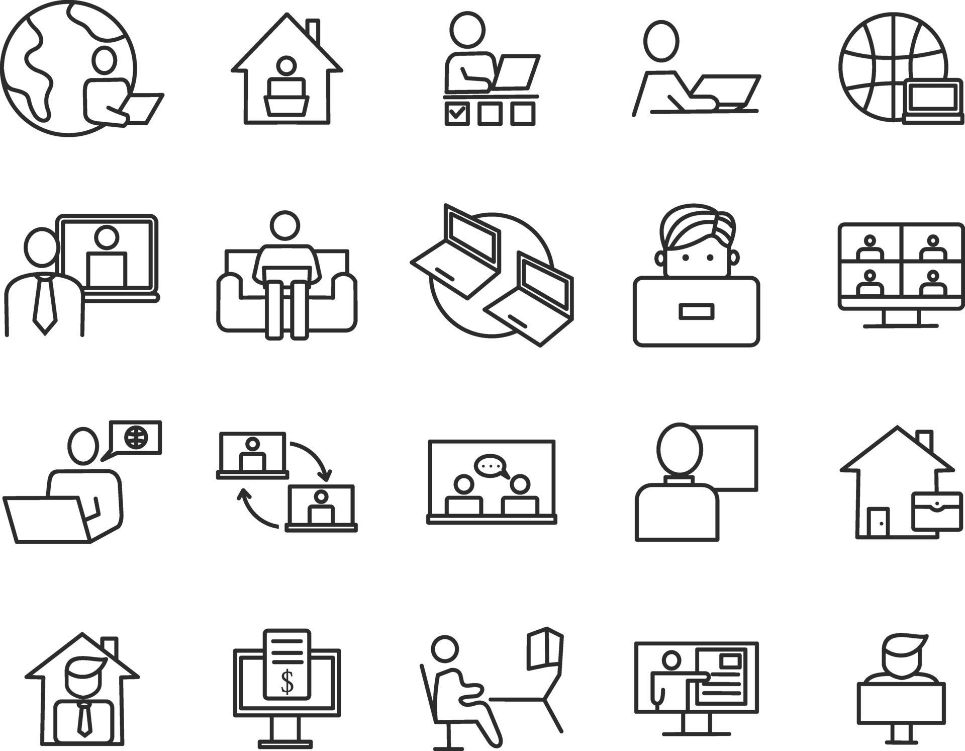 Set of work place related icons, working, remote work, video conference ...
