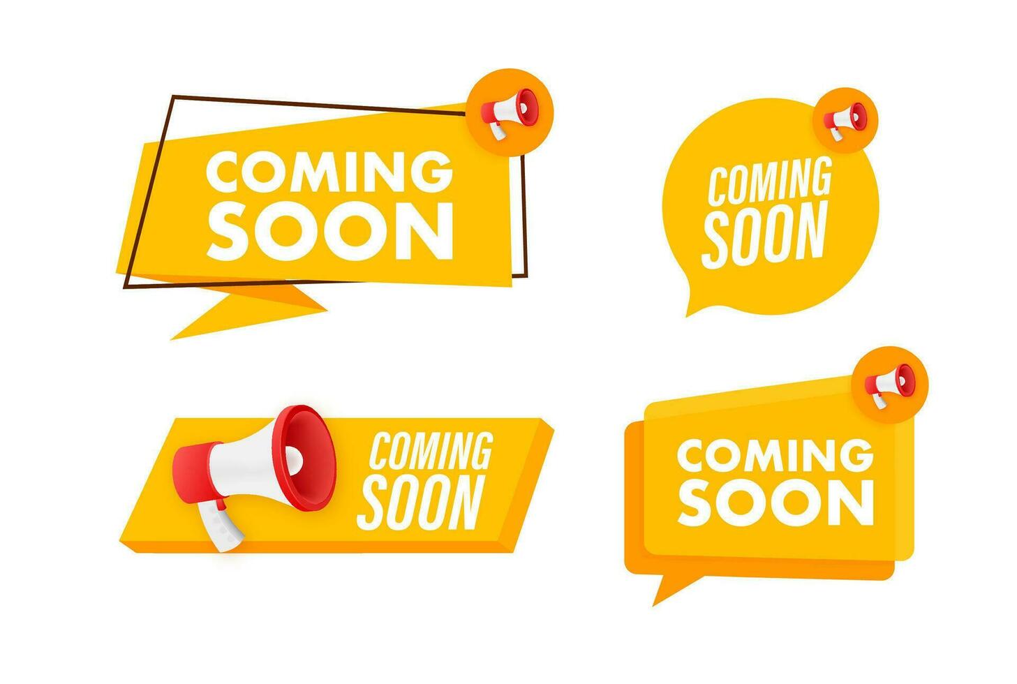 Megaphone label set with text coming soon. Megaphone in hand promotion ... Megaphone label set with text coming soon. Megaphone in hand promotion ...
