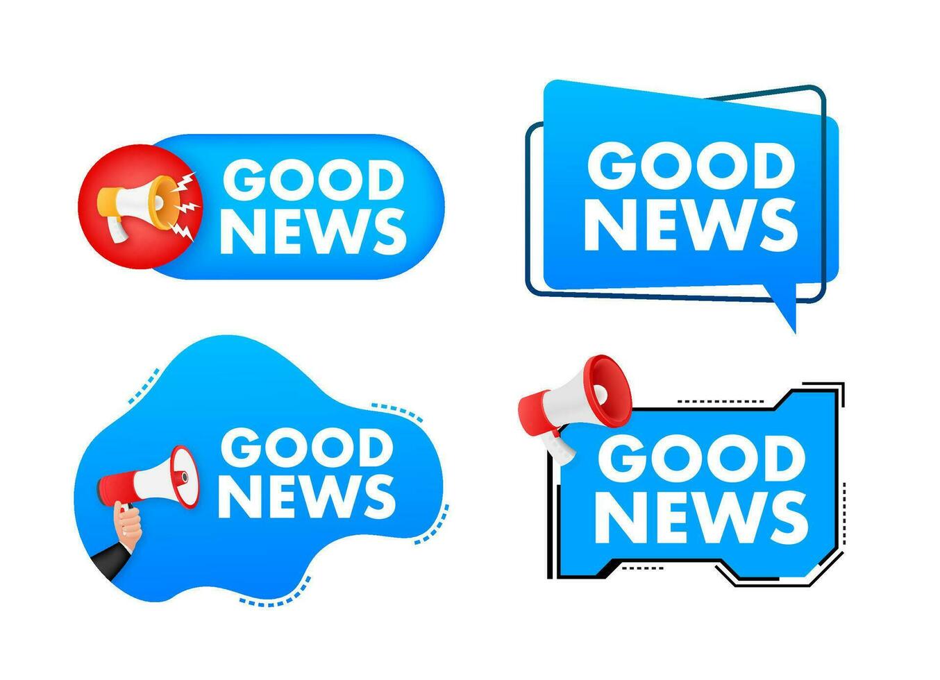Megaphone label set with text good news. Megaphone in hand promotion ... Megaphone label set with text good news. Megaphone in hand promotion ...