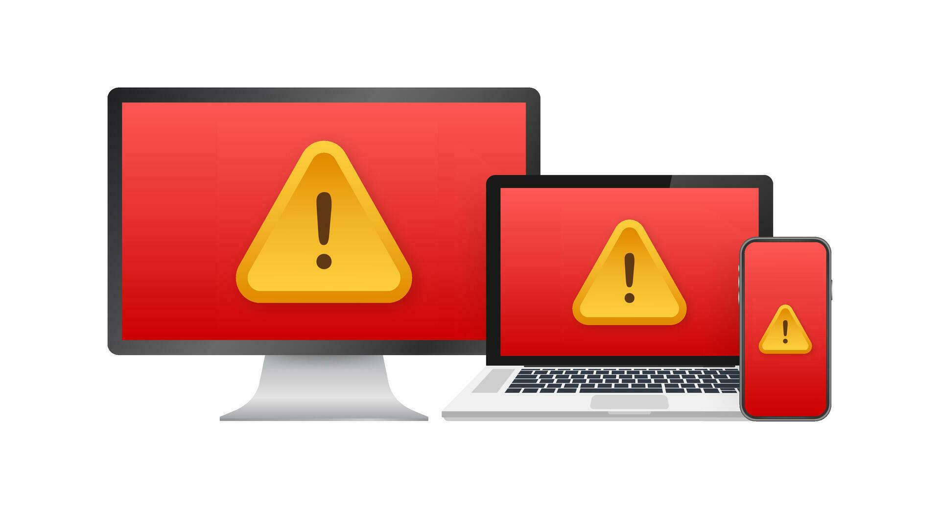 Alert message laptop notification. Danger error alerts, laptop virus problem or insecure ...