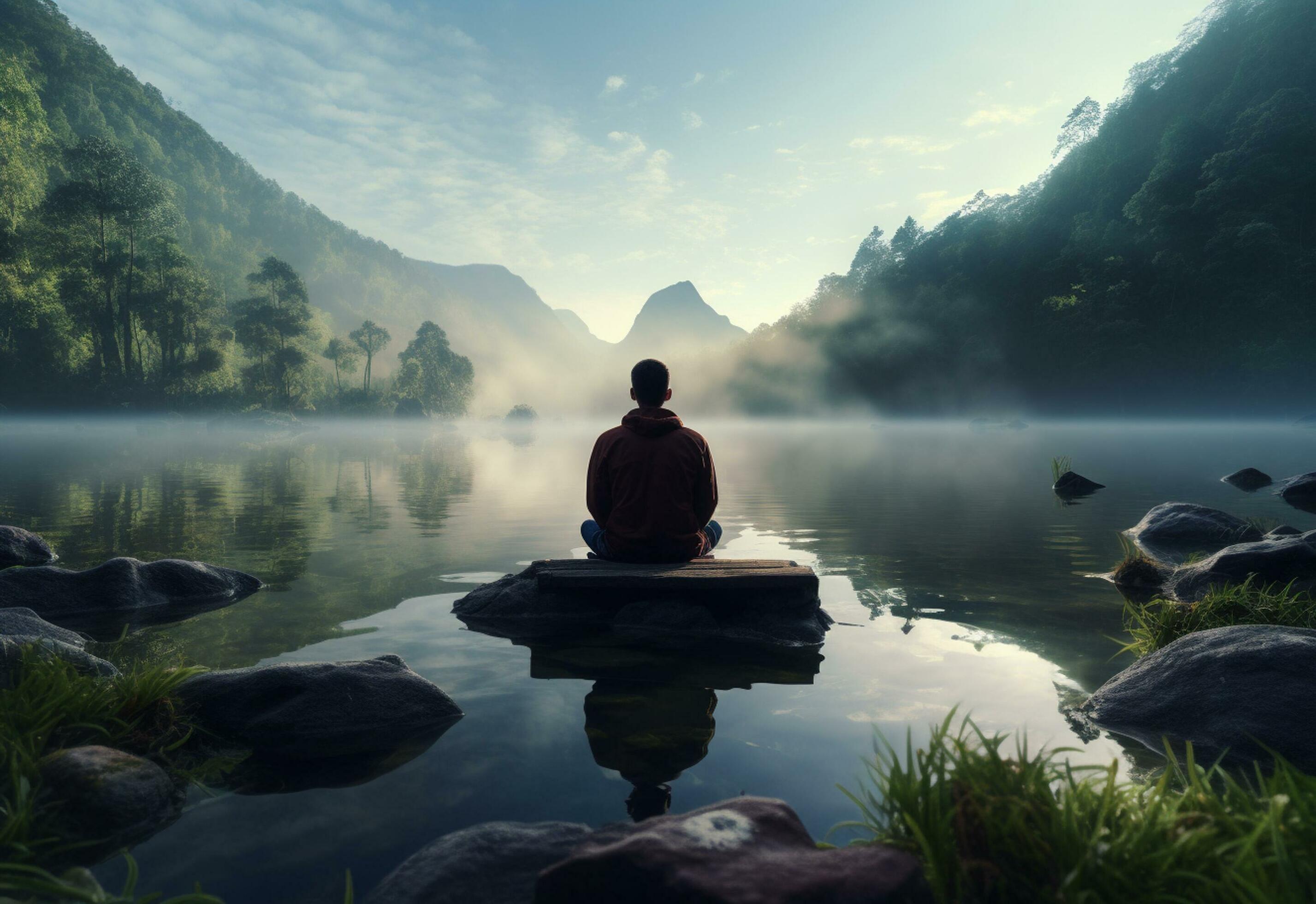 ai generative photo of a man practicing mindfulness and meditation in a peaceful natural ...