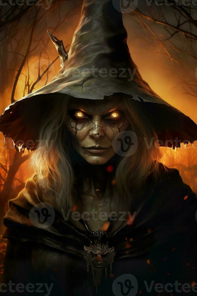 Scary Witch Portrait Close Uo View Happy Halloween Mystical Woman Trick Or Treat Generative