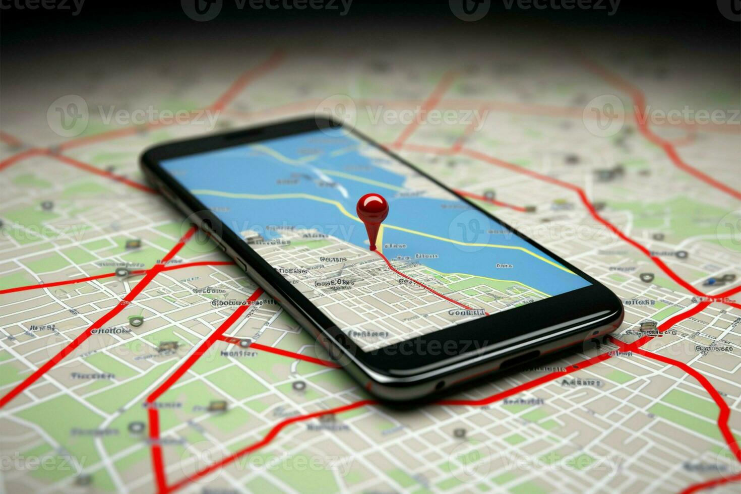 Map with red pointers marking a route on a smartphone screen AI Generated 29355315 Stock Photo ...