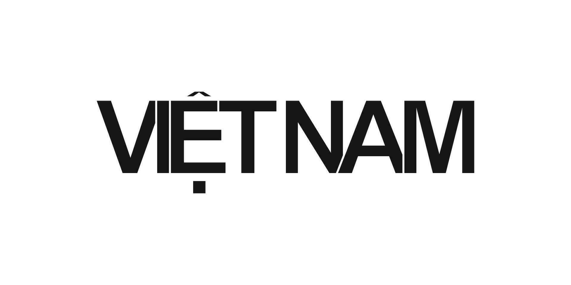 Vietnam emblem. The design features a geometric style, vector illustration with bold typography ...