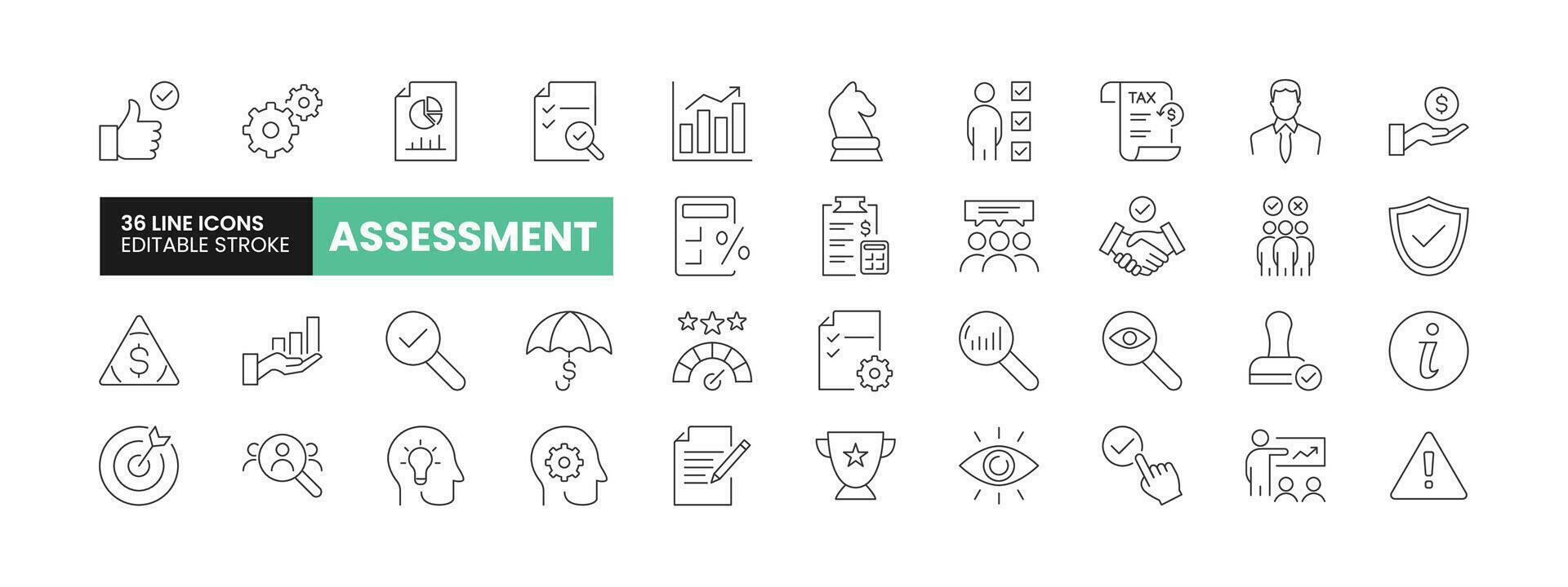 Set of 36 Assessment line icons set. Assessment outline icons with editable stroke collection ...