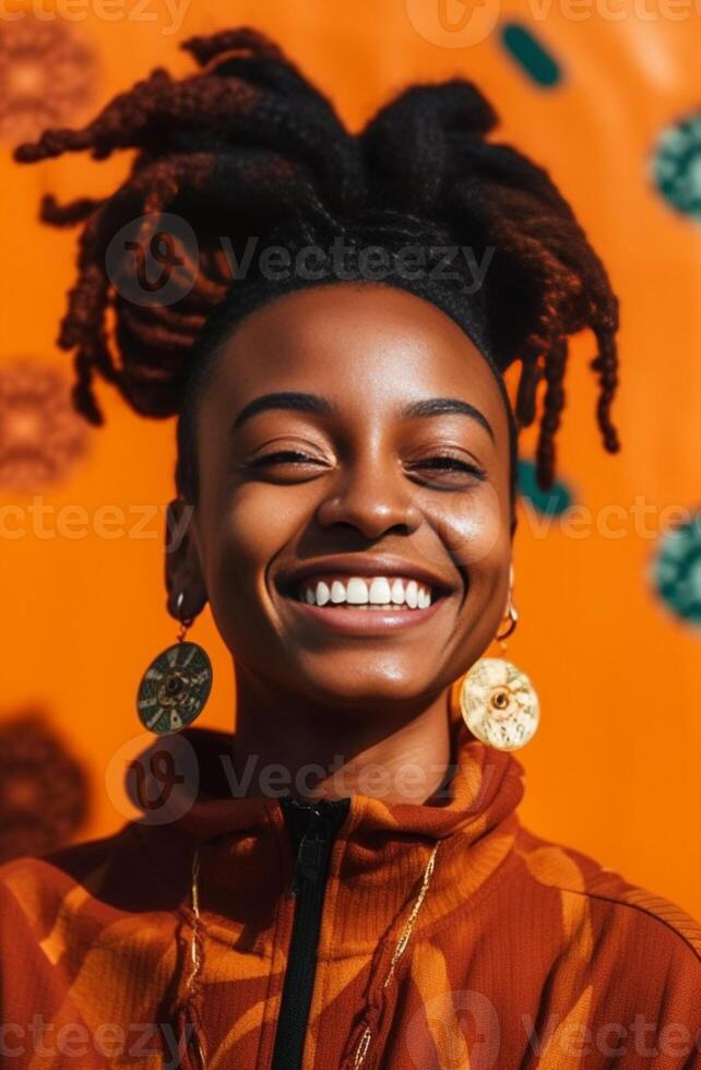 Beautiful Young African Woman Smiling And Keeping Eyes Closed While Standing Against Brown