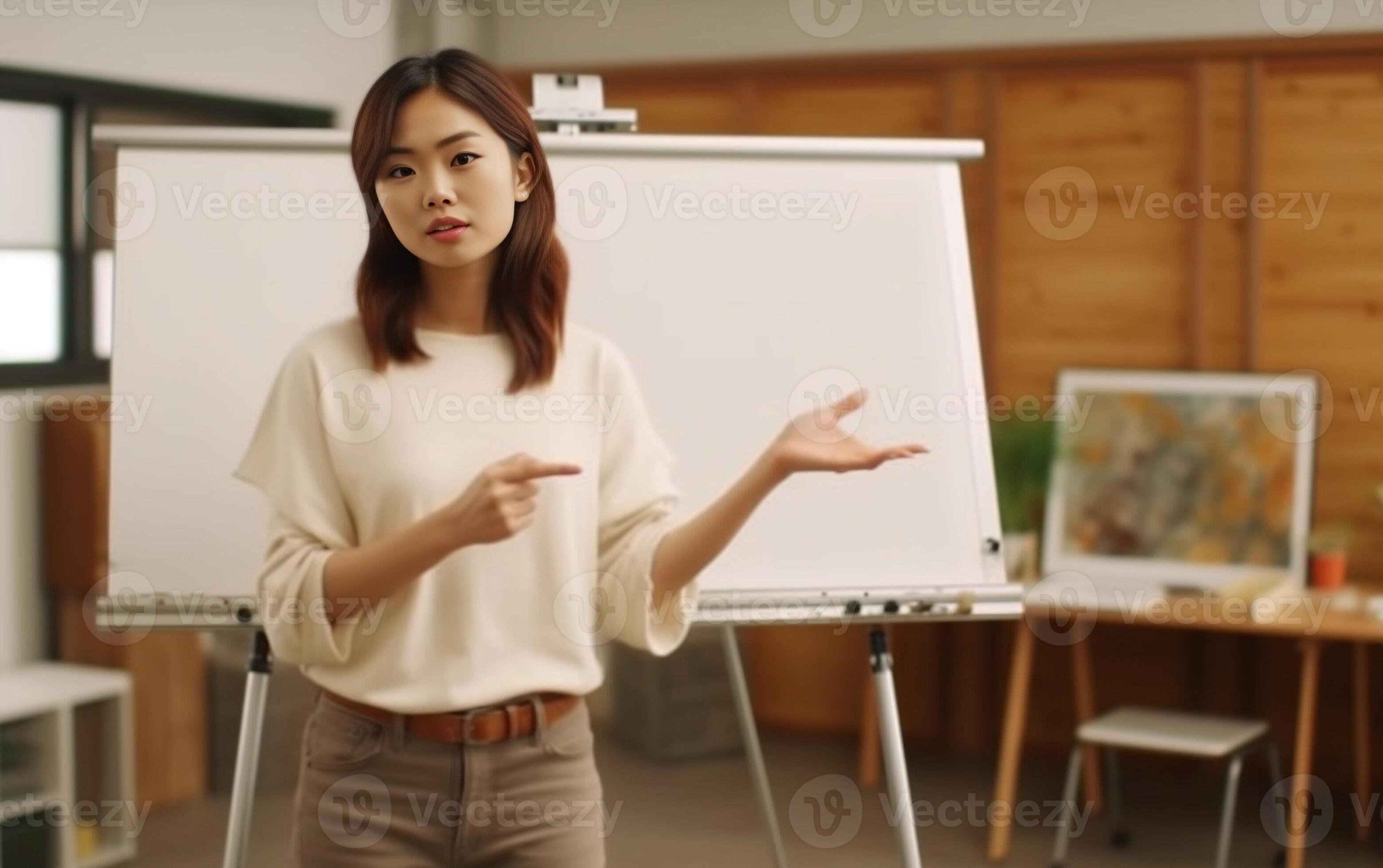 Confident female teacher pointing whiteboard while having web ... Confident female teacher pointing whiteboard while having web ...