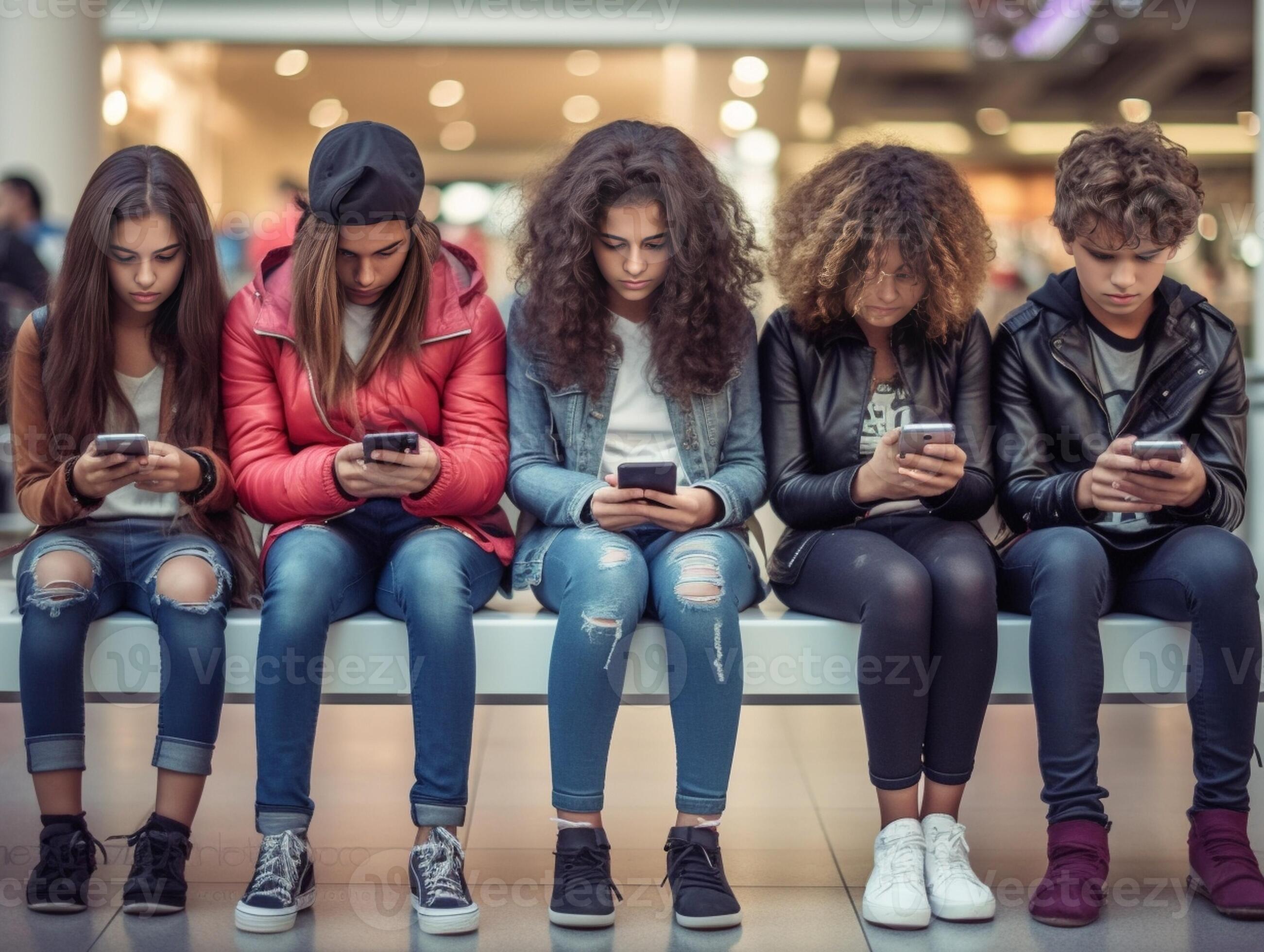 Digital Life Front View Of Young People Using Different Gadgets While